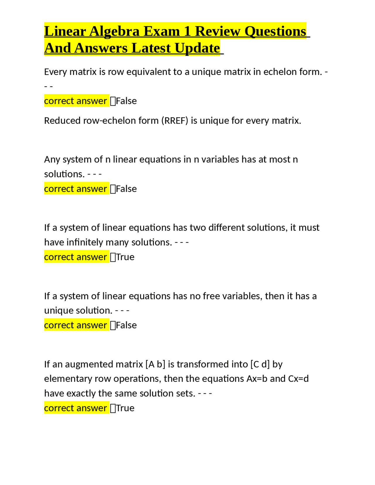 Linear Algebra Exam 1 Review Questions and Answers | Exams Linear Algebra | Docsity
