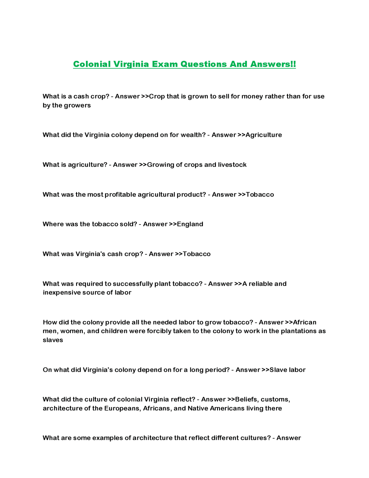 Colonial Virginia Exam Questions and Answers: A Study Guide on Early ...