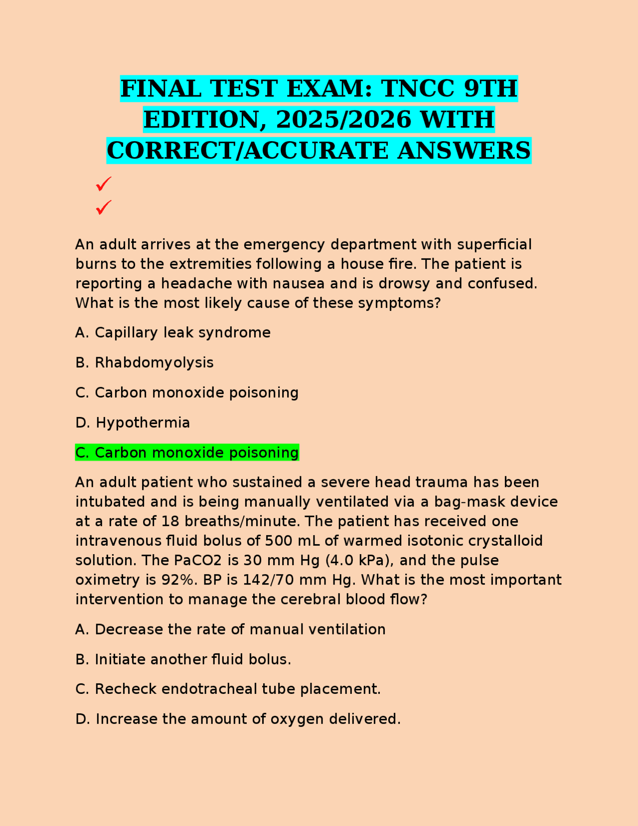 FINAL TEST EXAM: TNCC 9TH EDITION, 2025/2026 WITH CORRECT/ACCURATE ...