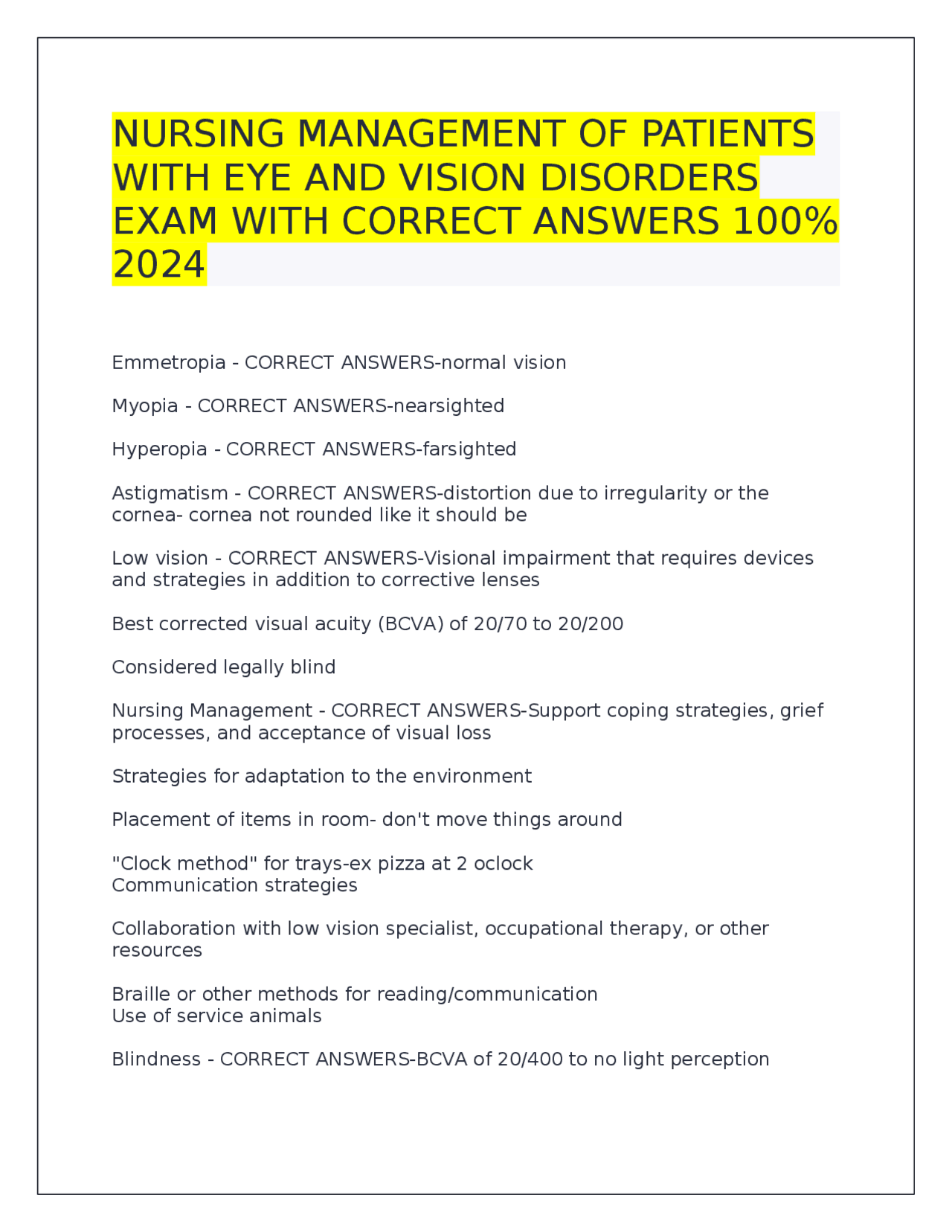 NURSING MANAGEMENT OF PATIENTS WITH EYE AND VISION DISORDERS EXAM WITH ...