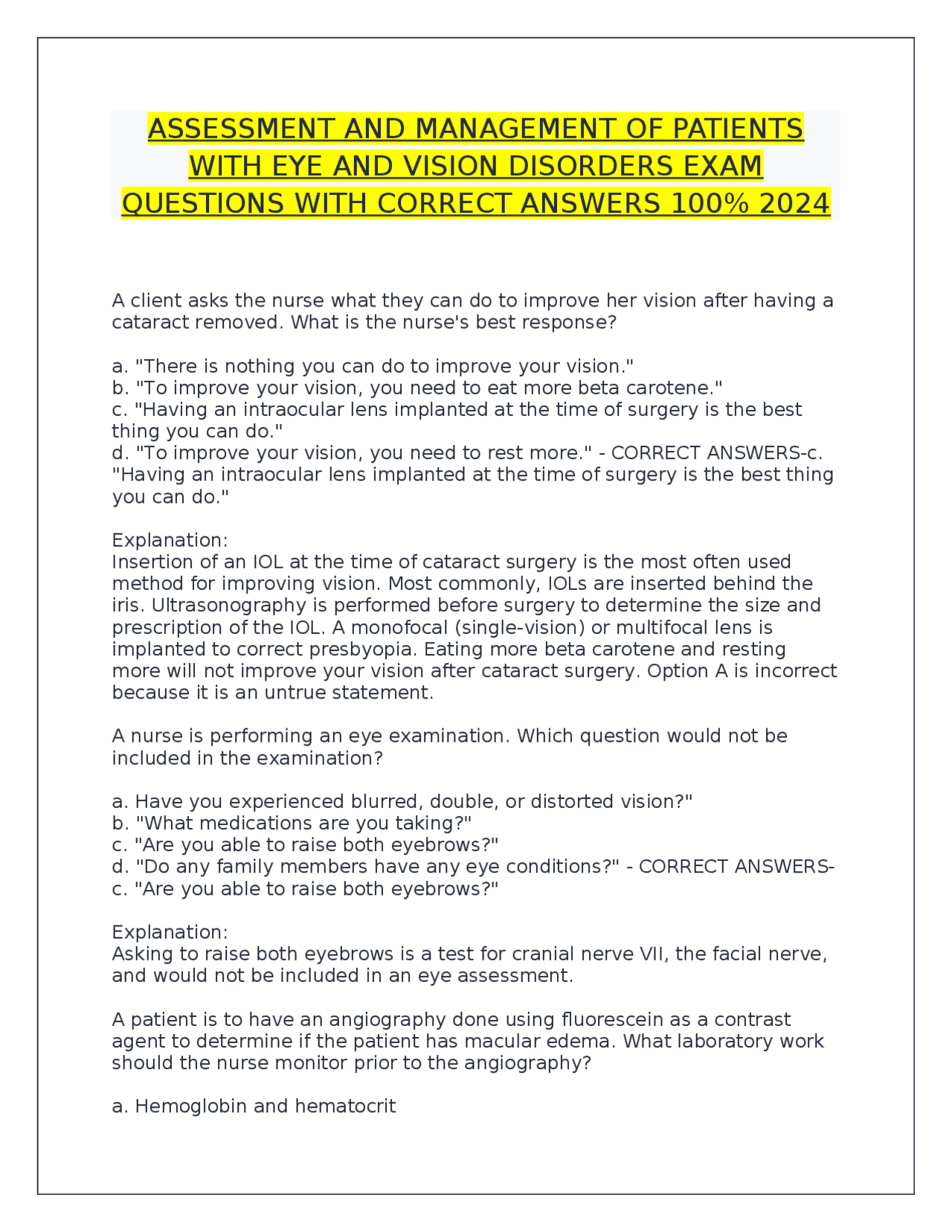 Eye and Vision Disorders: Assessment and Management Exam Questions ...