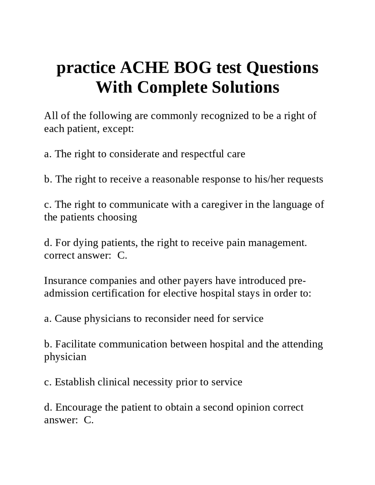 Practice ACHE BOG Test Questions with Complete Solutions | Exams ...