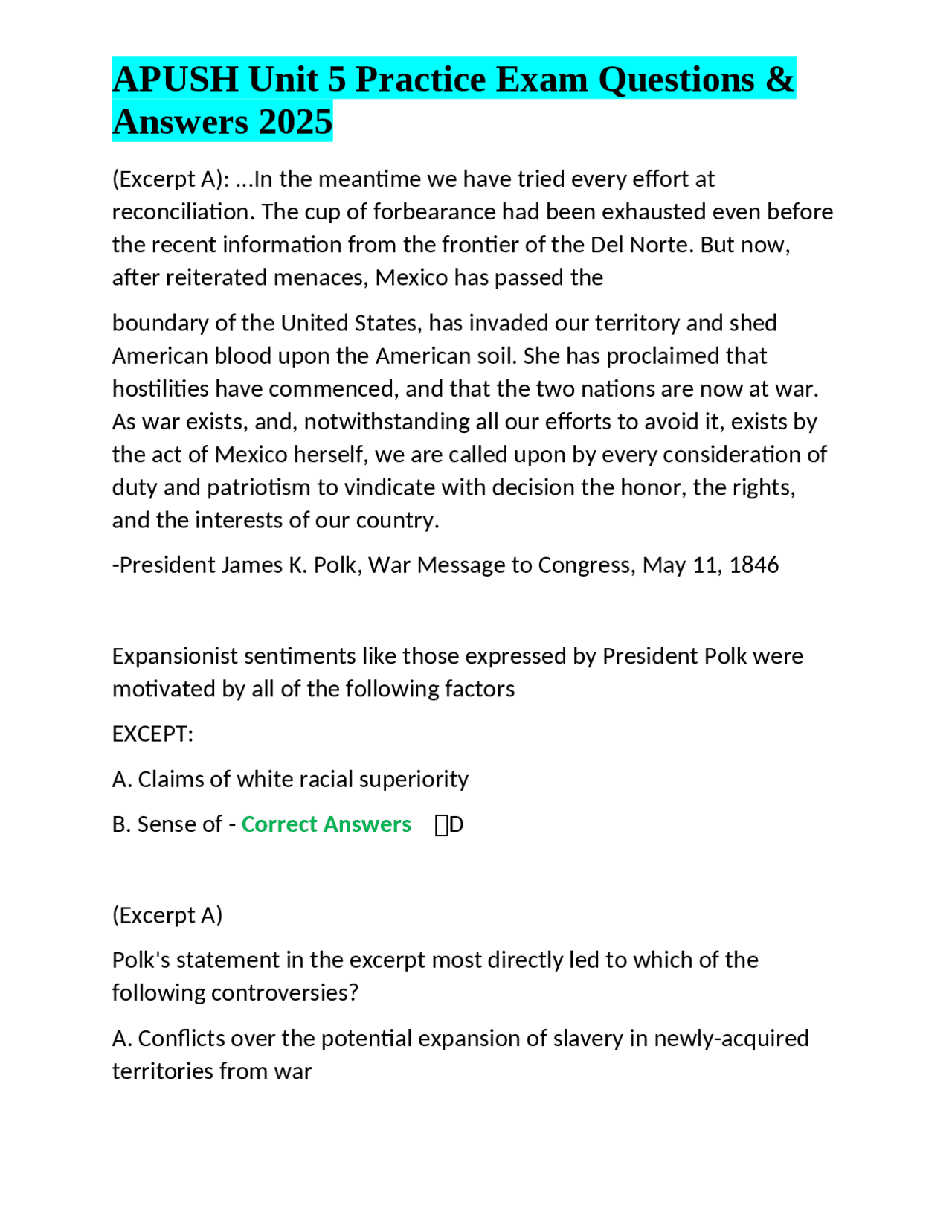 APUSH Unit 5 Practice Exam: Expansion, Slavery, Civil War | Exams ...