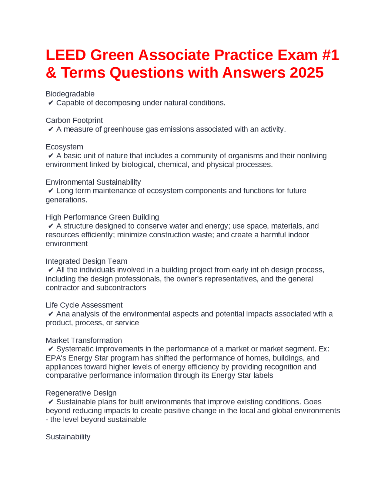 LEED Green Associate Practice Exam #1 & Terms Questions with Answers ...