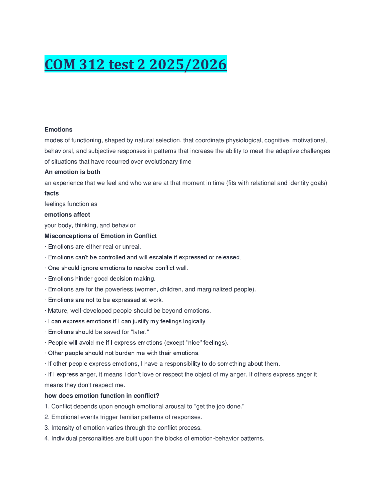 COM 312: Emotions in Conflict Resolution - Test 2 Study Guide | Exams ...