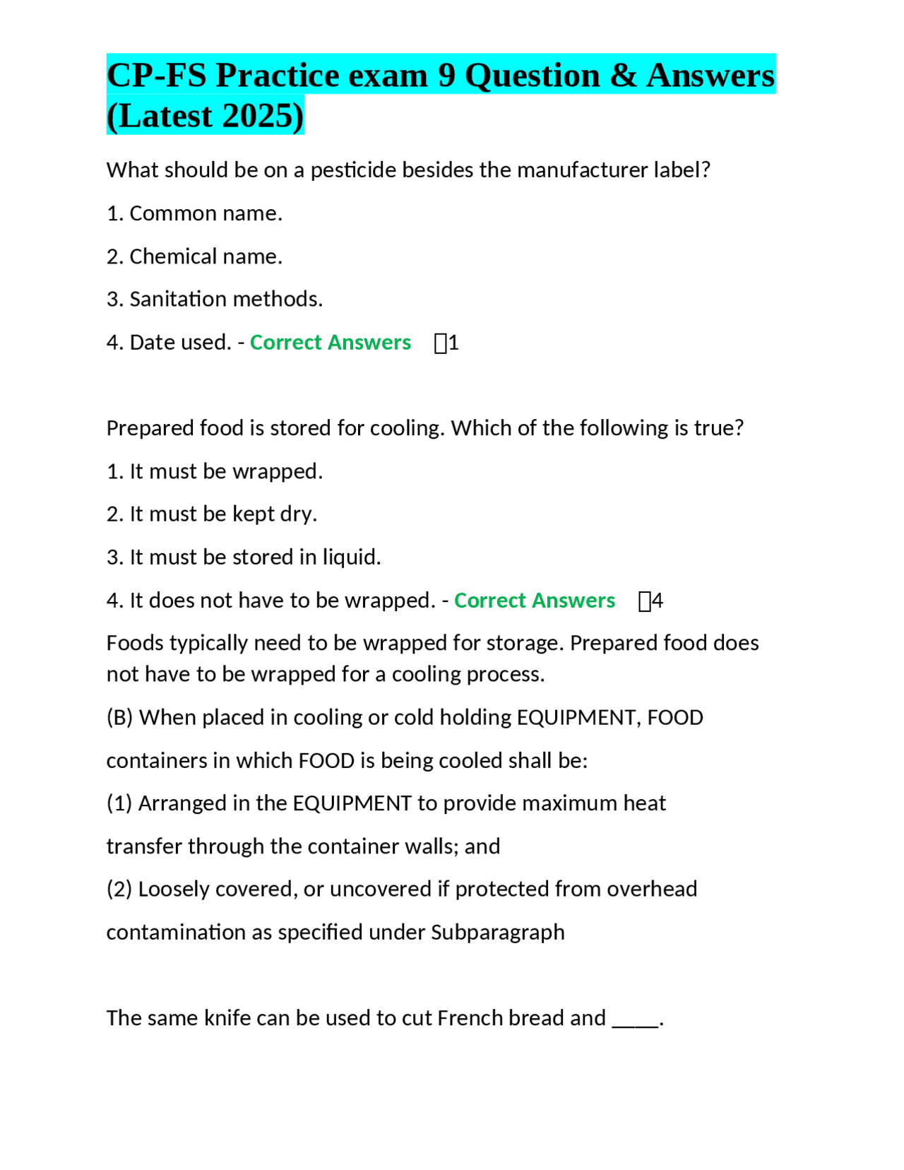 CP-FS Practice Exam 9: Food Safety Questions and Answers | Exams ...