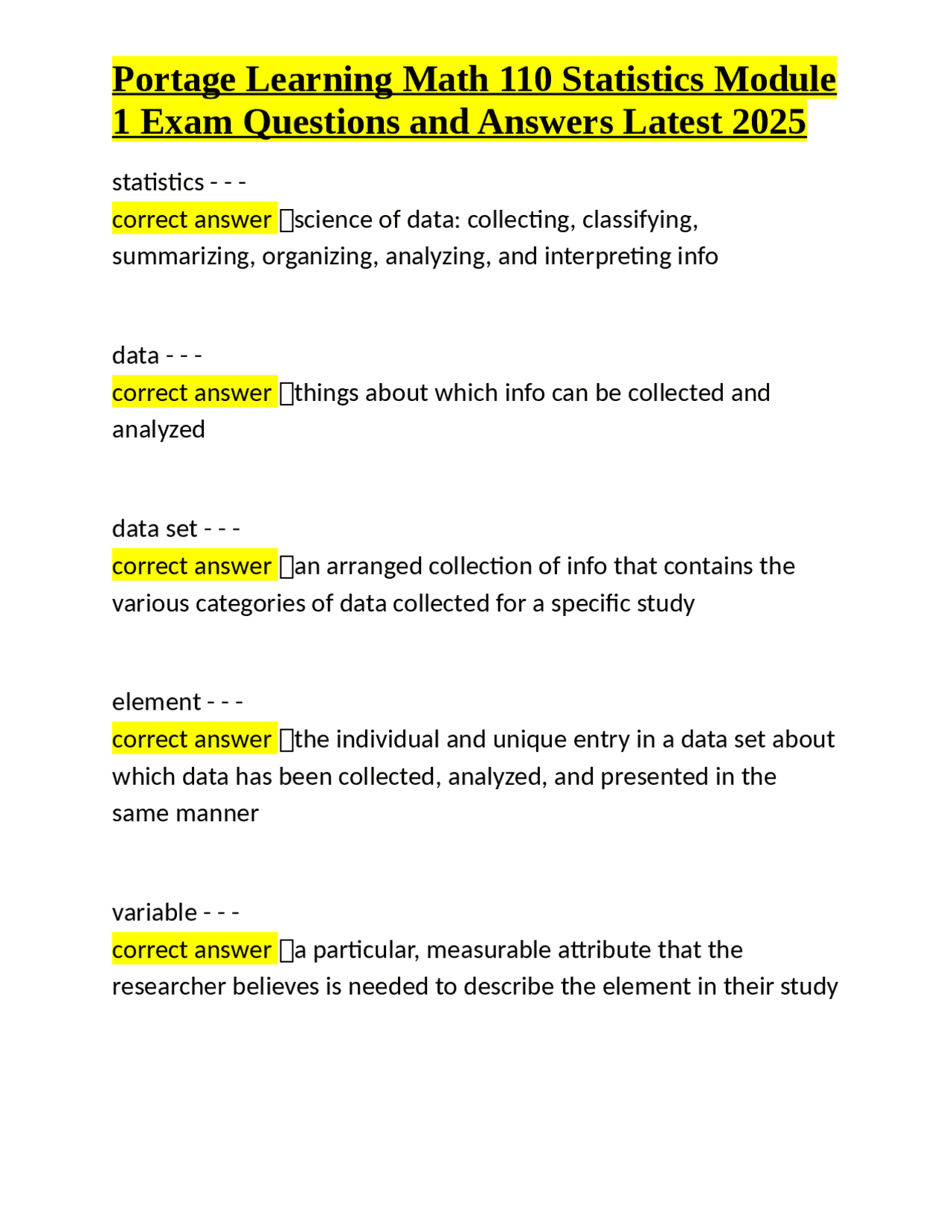 Portage Learning Math 110 Statistics Module 1 Exam Questions And Answers Latest 2025 Exams