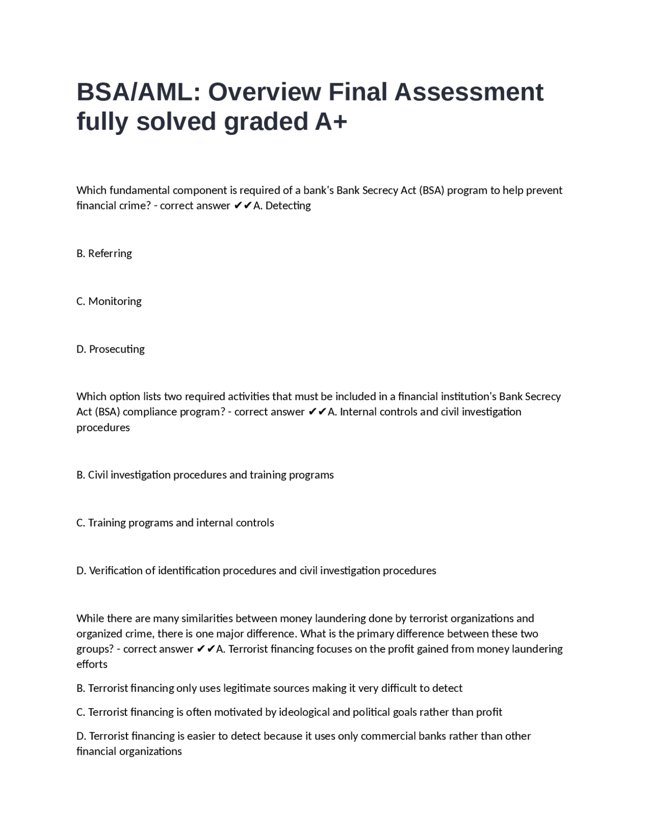 BSA/AML: Overview Final Assessment - Solved Questions and Answers ...