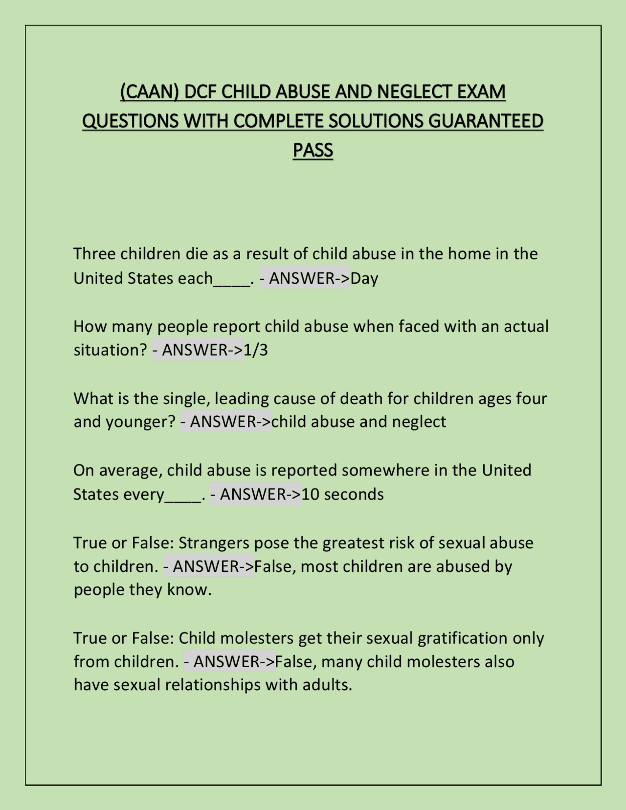 (CAAN) DCF CHILD ABUSE AND NEGLECT EXAM QUESTIONS WITH COMPLETE ...