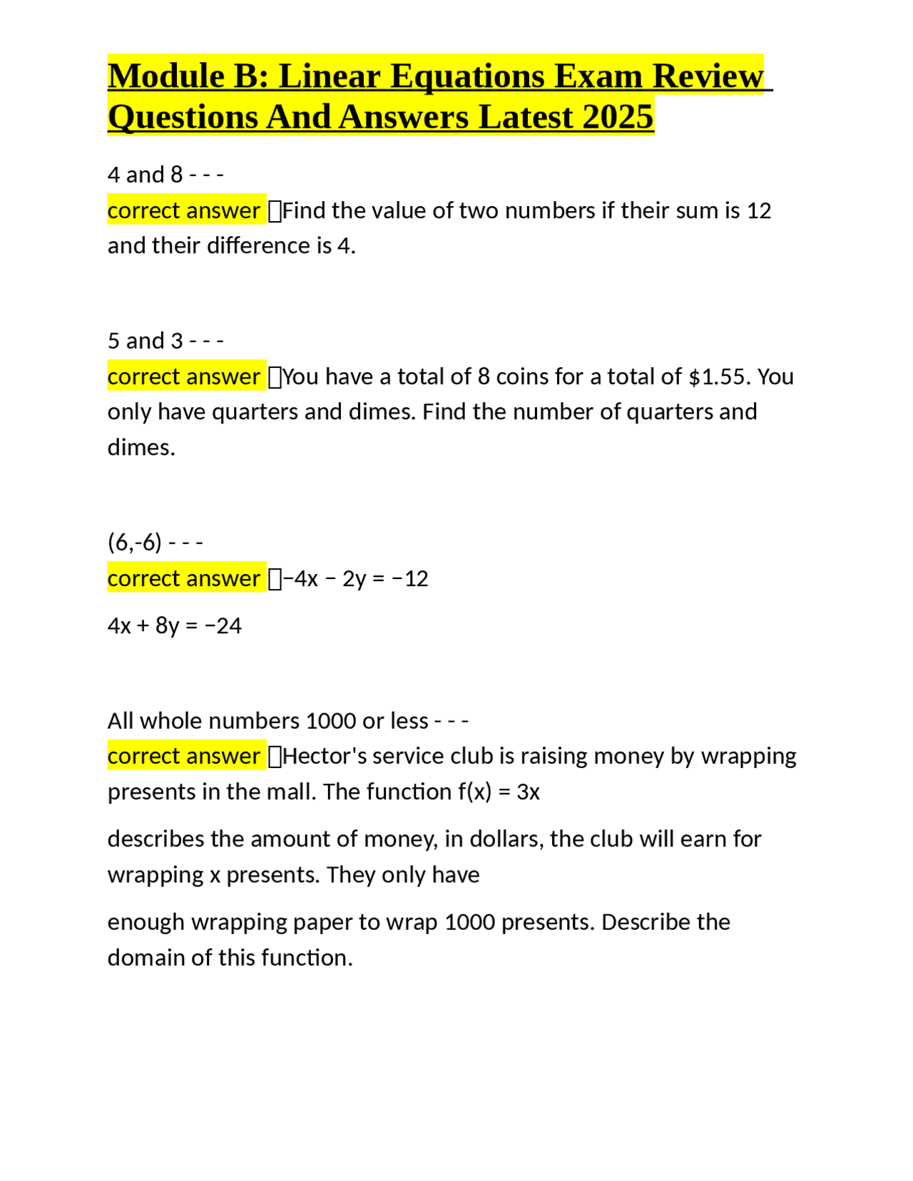 Linear Equations Exam Review: Questions and Answers | Exams Linear Algebra | Docsity