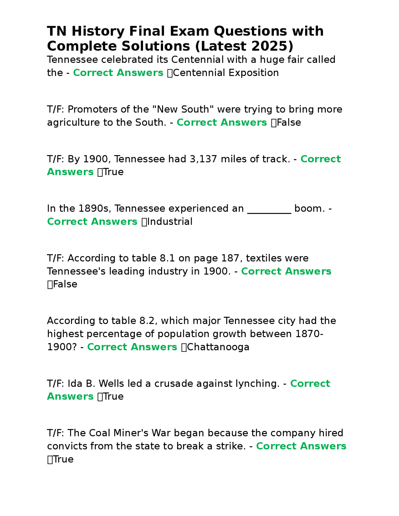 Tennessee History Final Exam Questions and Answers | Exams Nursing ...