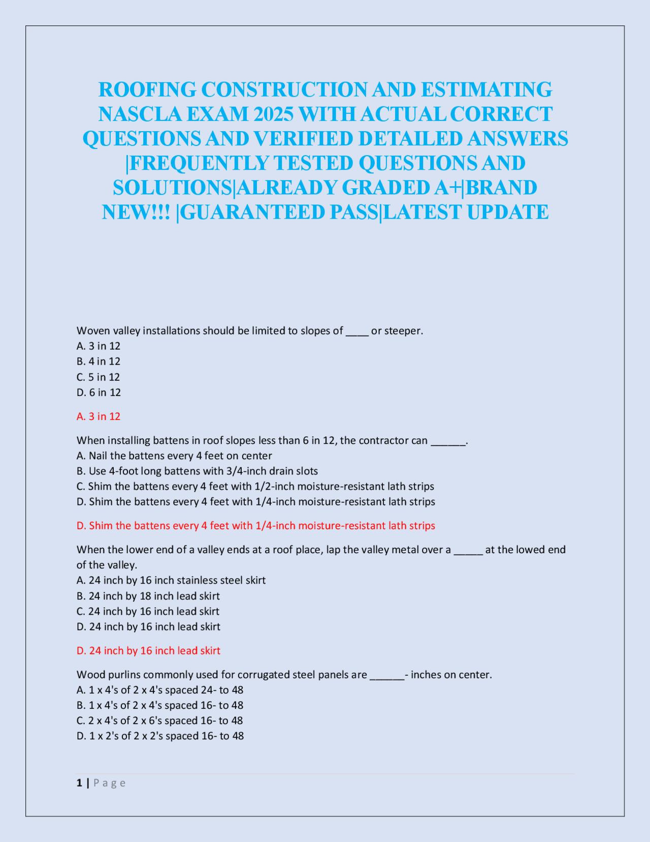 Roofing Construction and Estimating: NASCLA Exam 2025 Practice ...