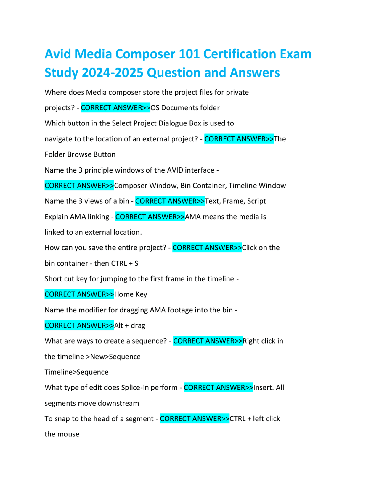 Avid Media Composer 101 Certification Exam Study 2024-2025 Question and ...