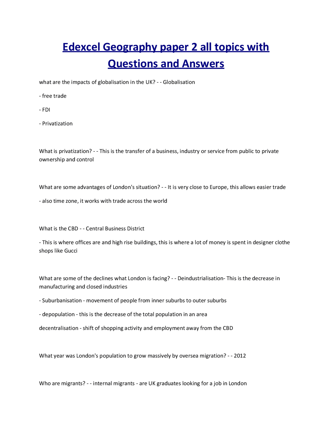 Edexcel Geography paper 2 all topics with Questions and Answers | Exams ...