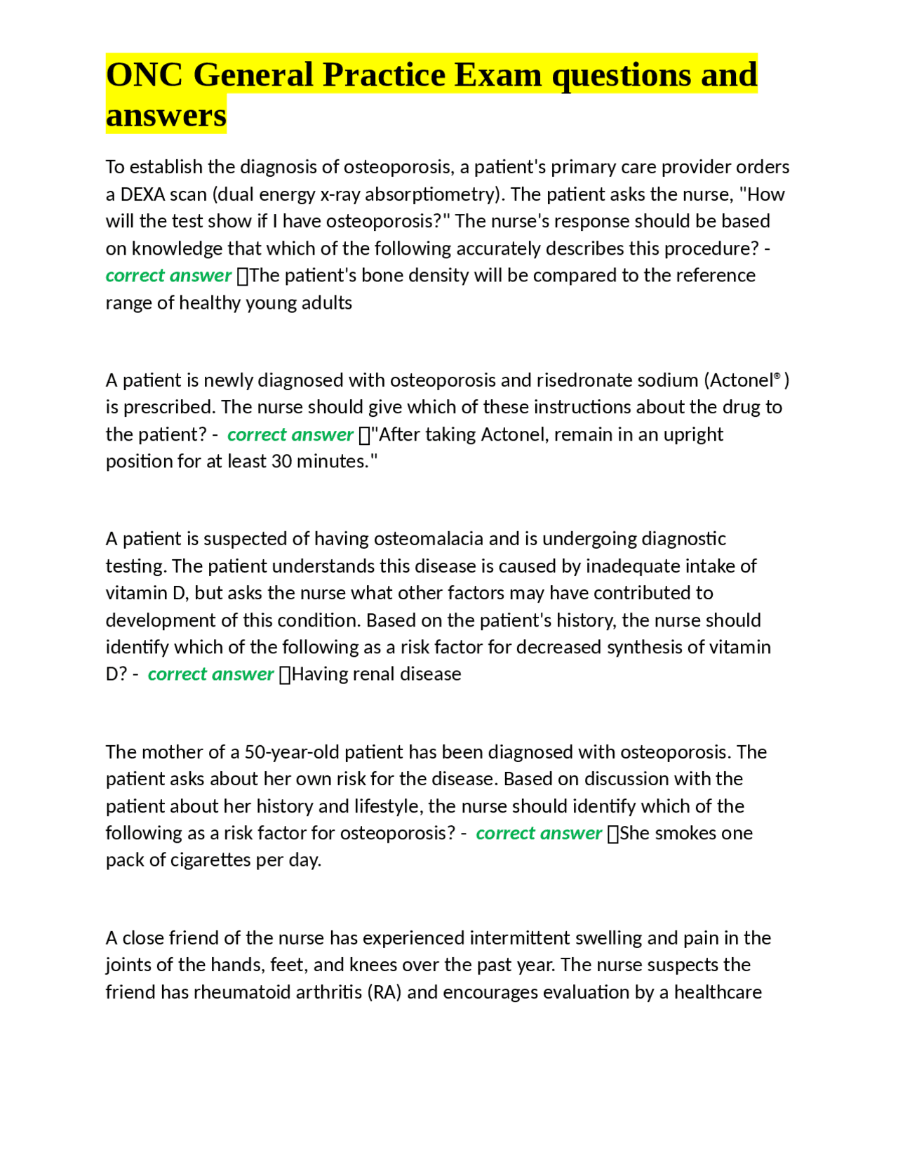 ONC General Practice Exam Questions and Answers: Musculoskeletal System ...