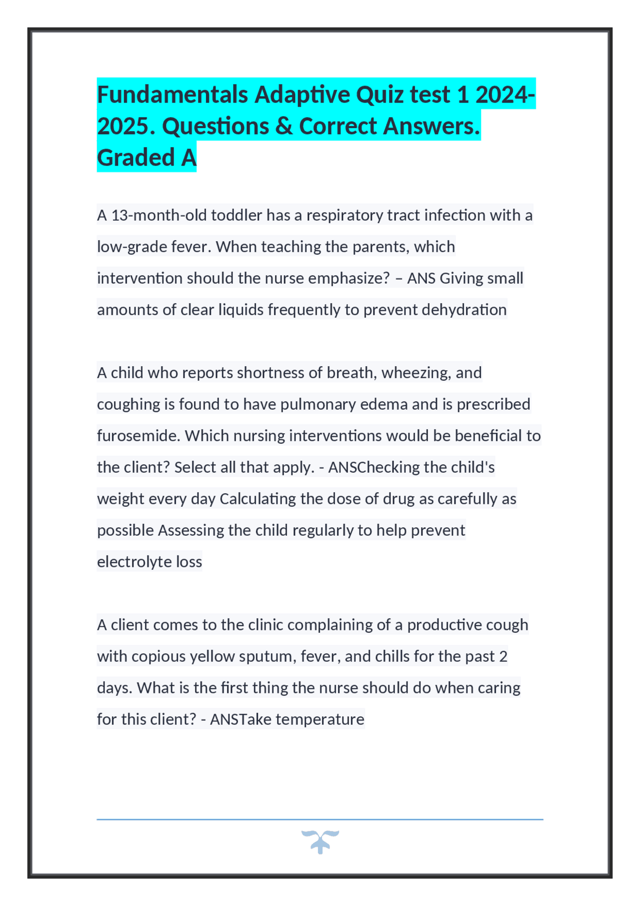 Fundamentals Adaptive Quiz test 1 2024-2025. Questions & Correct ...