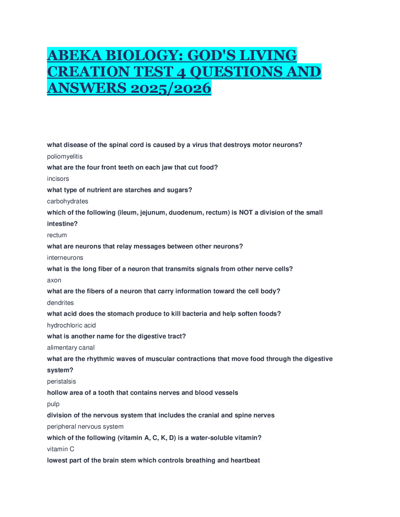 ABEKA Biology: God's Living Creation Test 4 Questions and Answers 2025/ ...