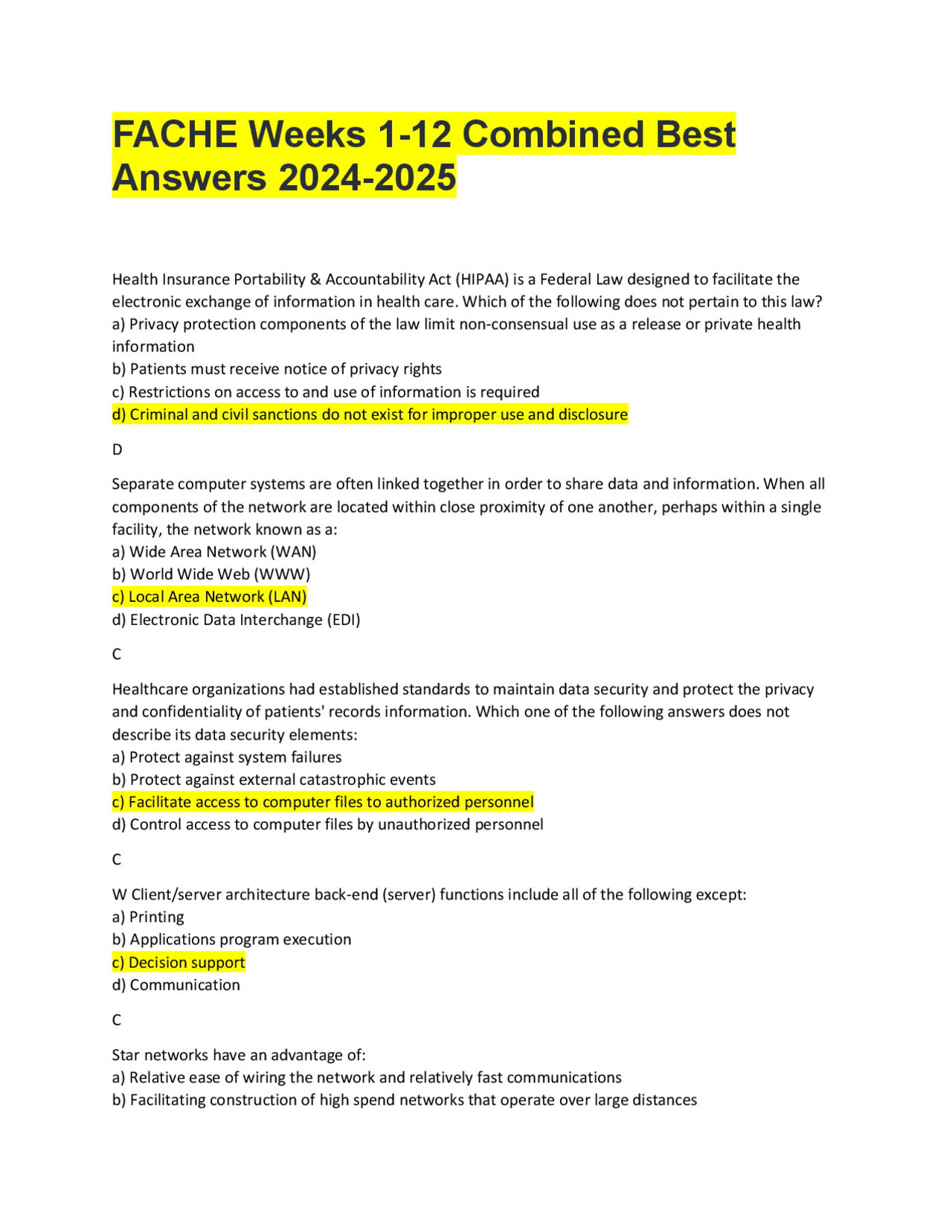 FACHE Weeks 1-12 Combined Best Answers 2024-2025 | Exams Information ...