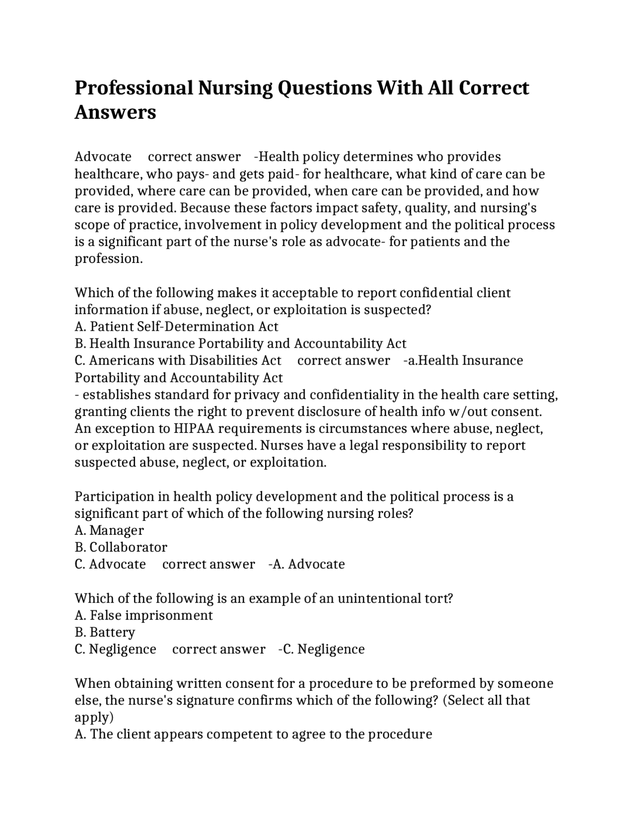 Professional Nursing Ethics and Practice: Multiple Choice Questions and ...