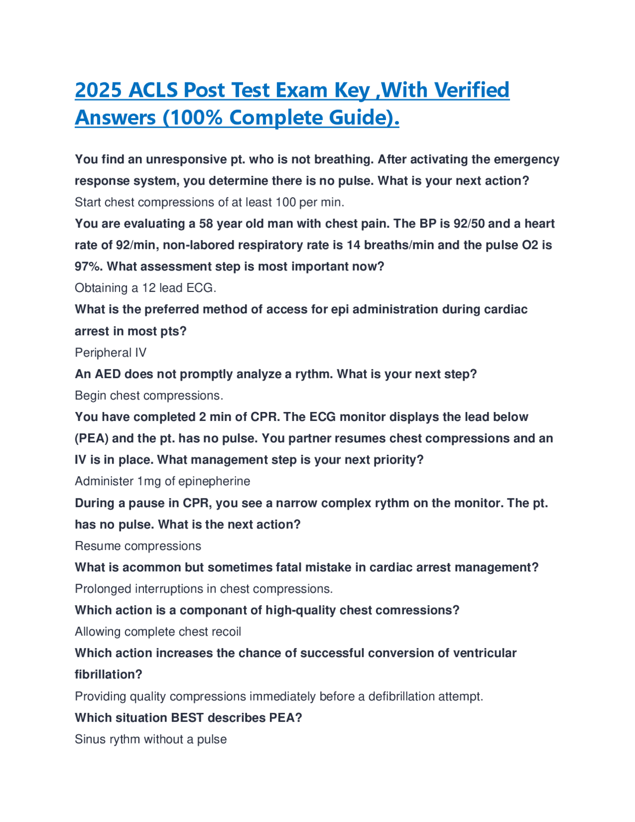 2025 ACLS Post Test Exam Key ,With Verified Answers (100% Complete ...