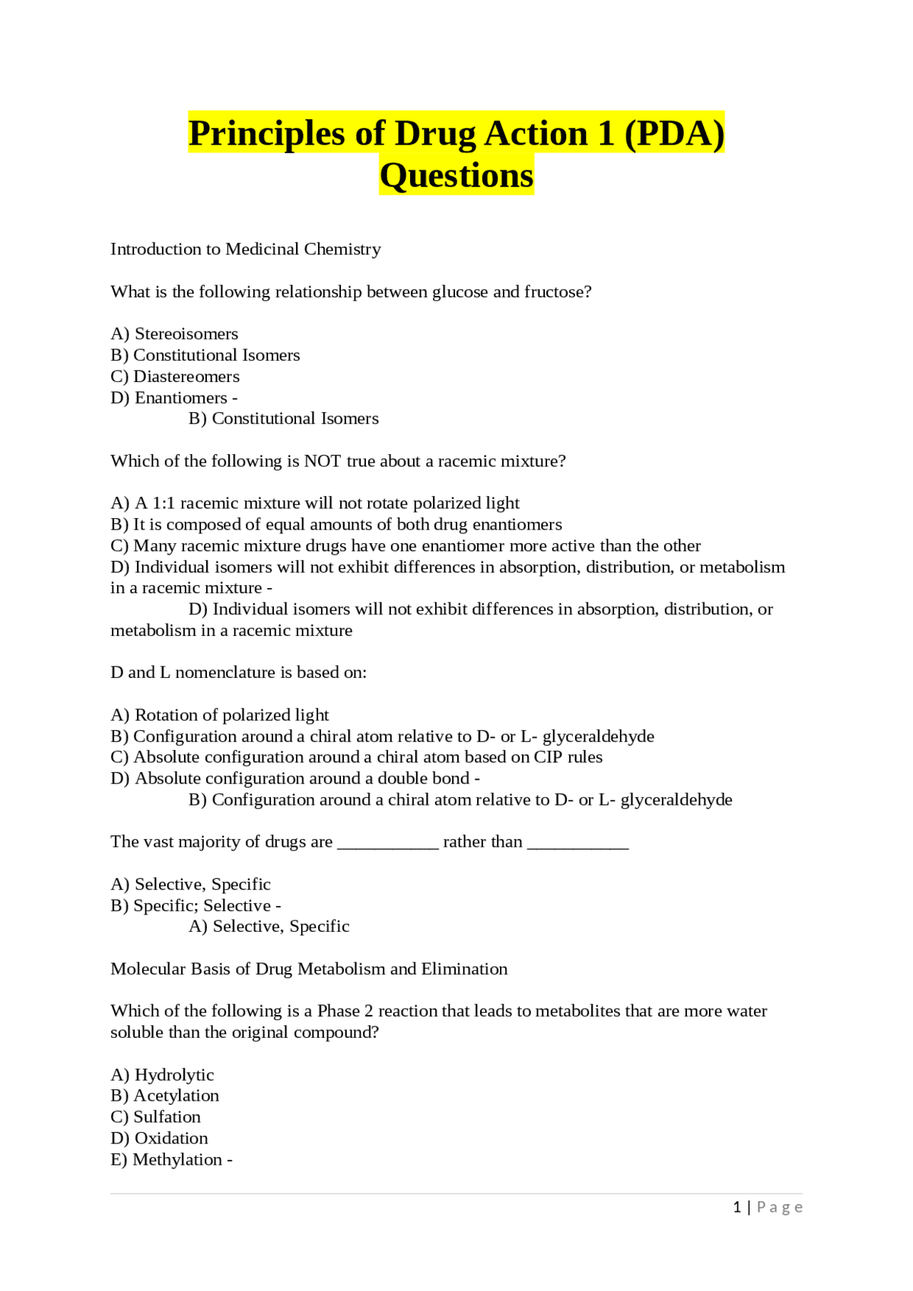 Principles of Drug Action 1 (PDA) - Questions and Answers | Exams ...