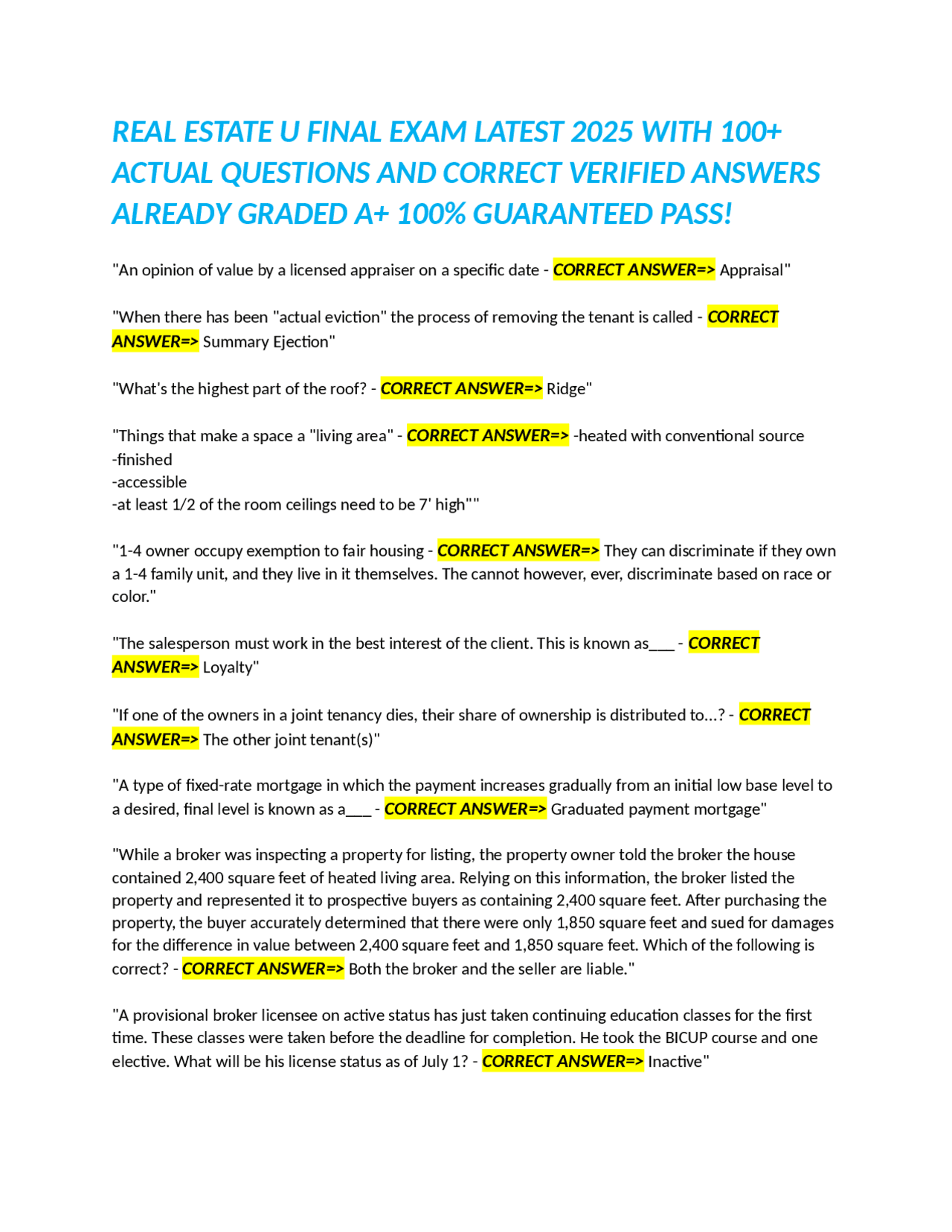 REAL ESTATE U FINAL EXAM LATEST 2025 WITH 100+ ACTUAL QUESTIONS AND ...