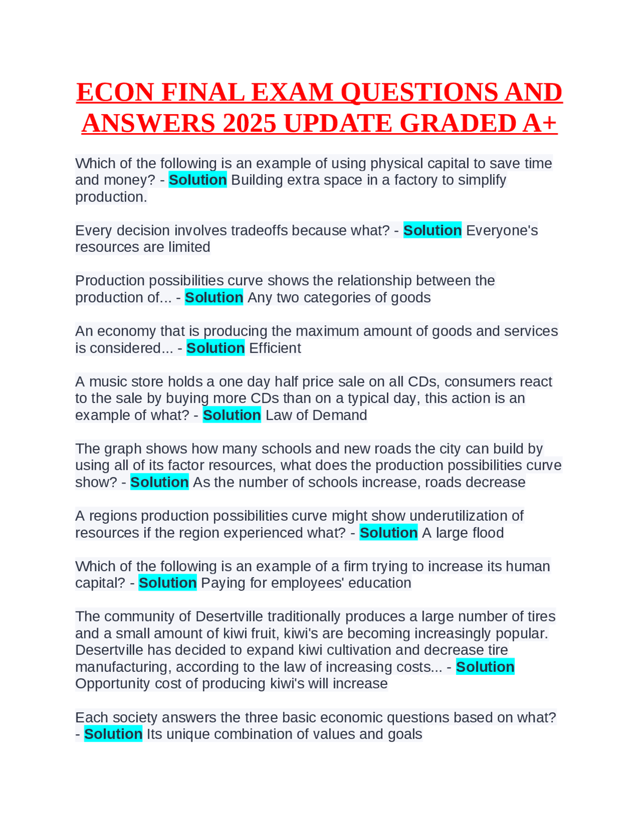Economics Final Exam Questions and Answers: 2025 Update | Exams ...