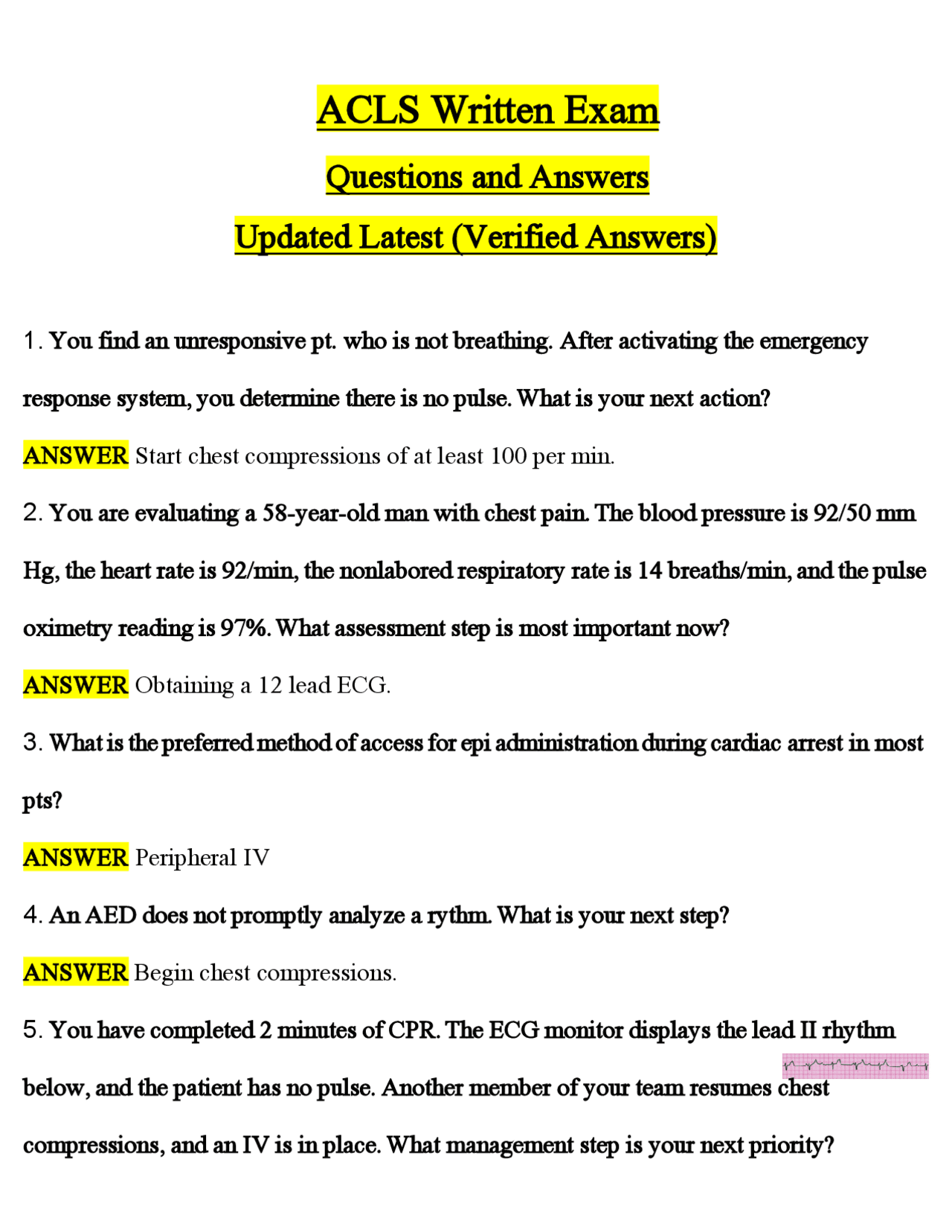 ACLS Written Exam Questions and Answers | Exams Nursing | Docsity