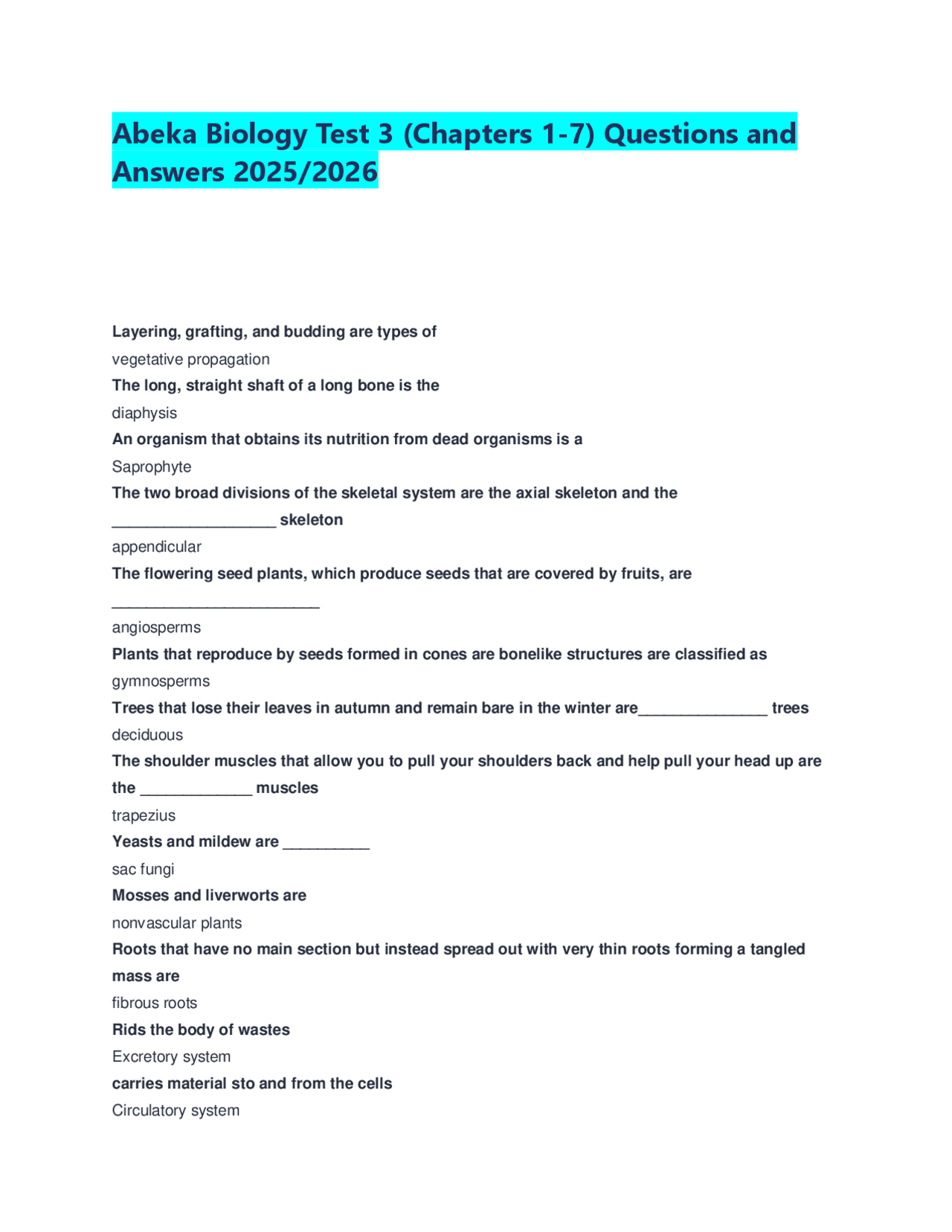 Abeka Biology Test 3 (Chapters 1-7) Questions and Answers 2025/2026 ...
