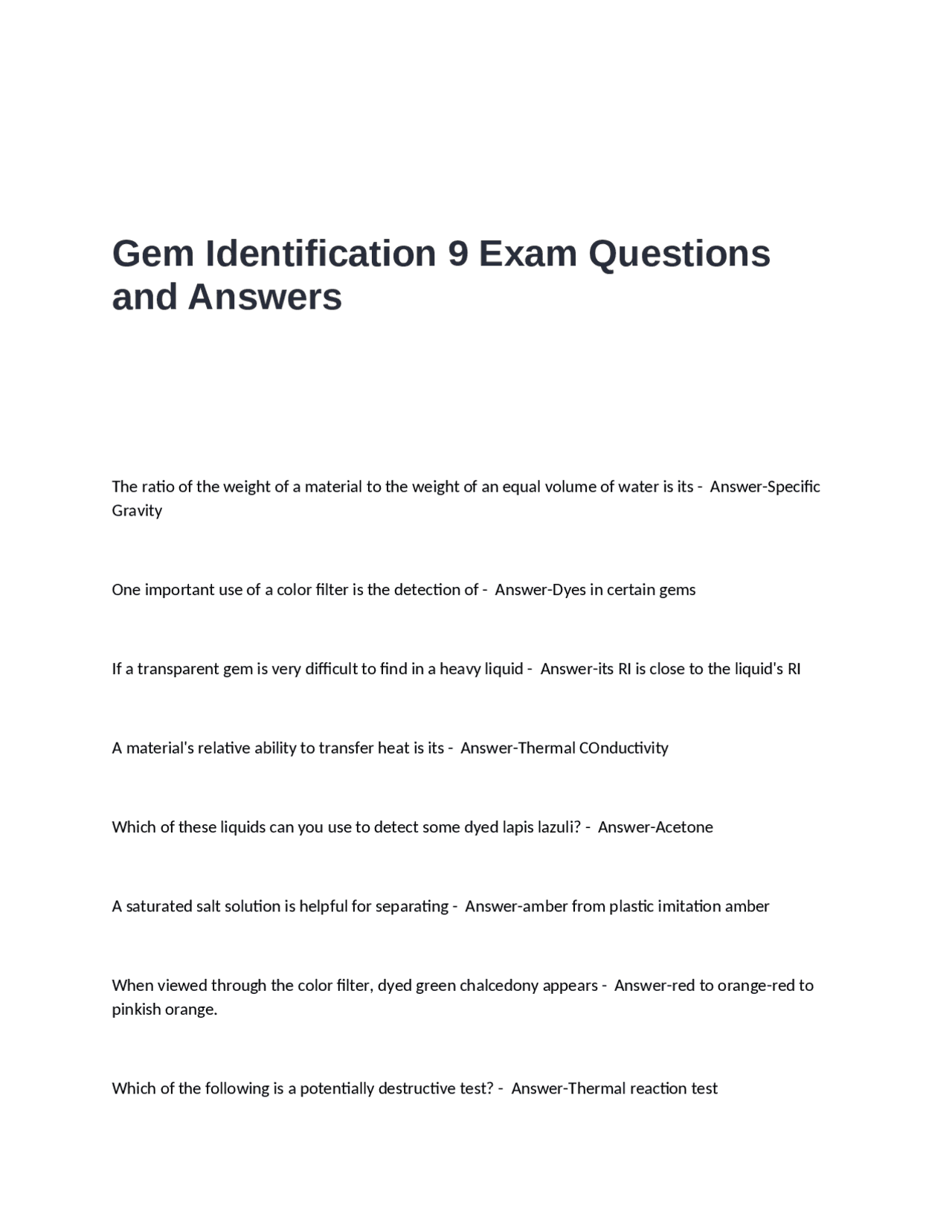 Gem Identification Exam Questions and Answers | Exams Nursing | Docsity