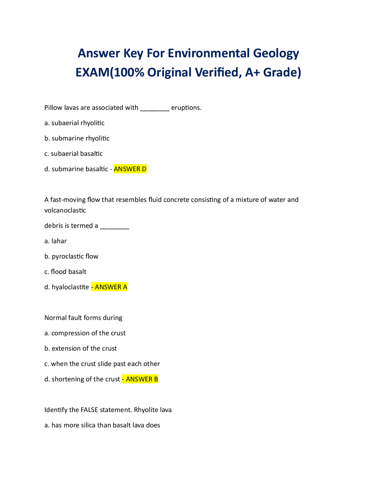Environmental Geology Exam Answer Key: Multiple Choice Questions and ...