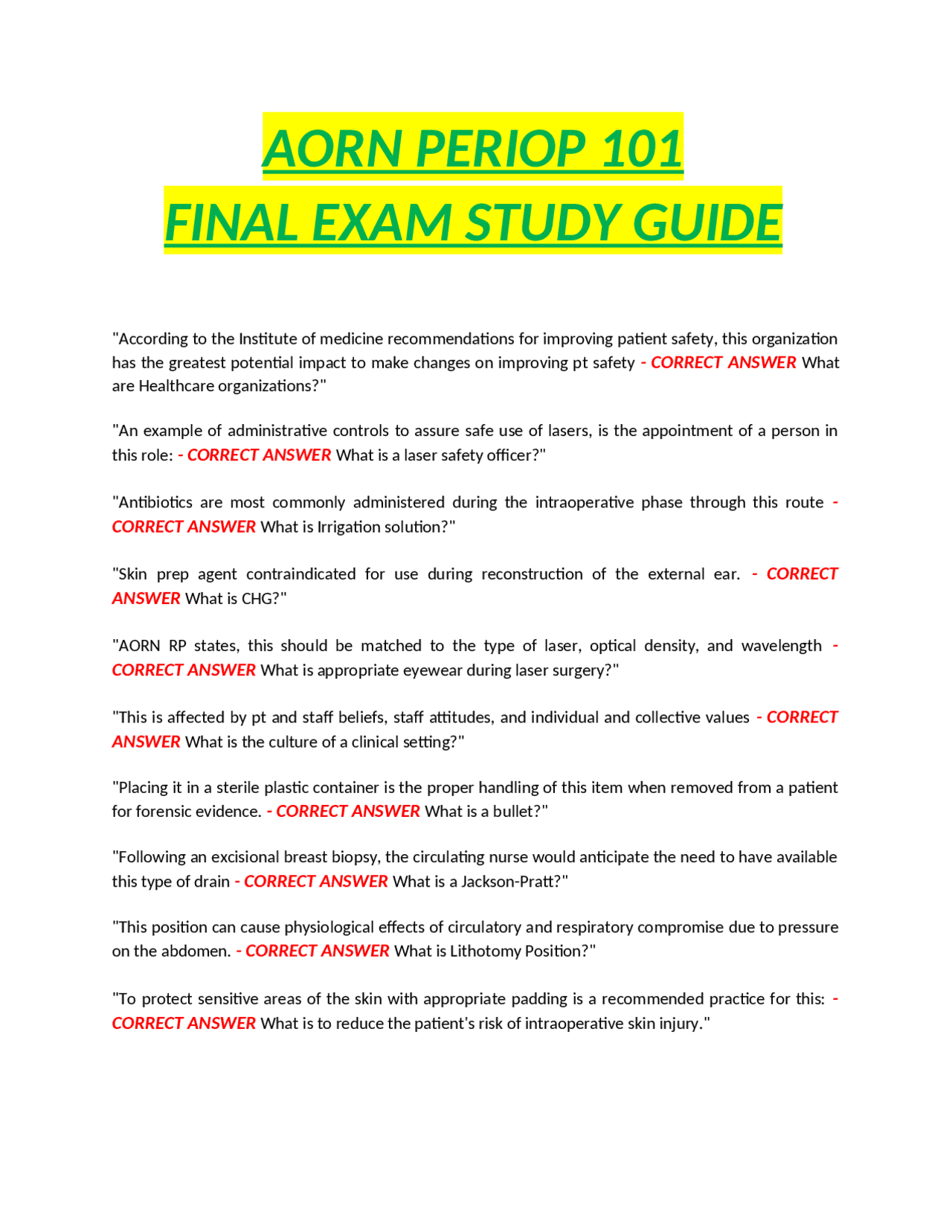 AORN PERIOP 101 FINAL EXAM STUDY GUIDE | Exams Nursing | Docsity