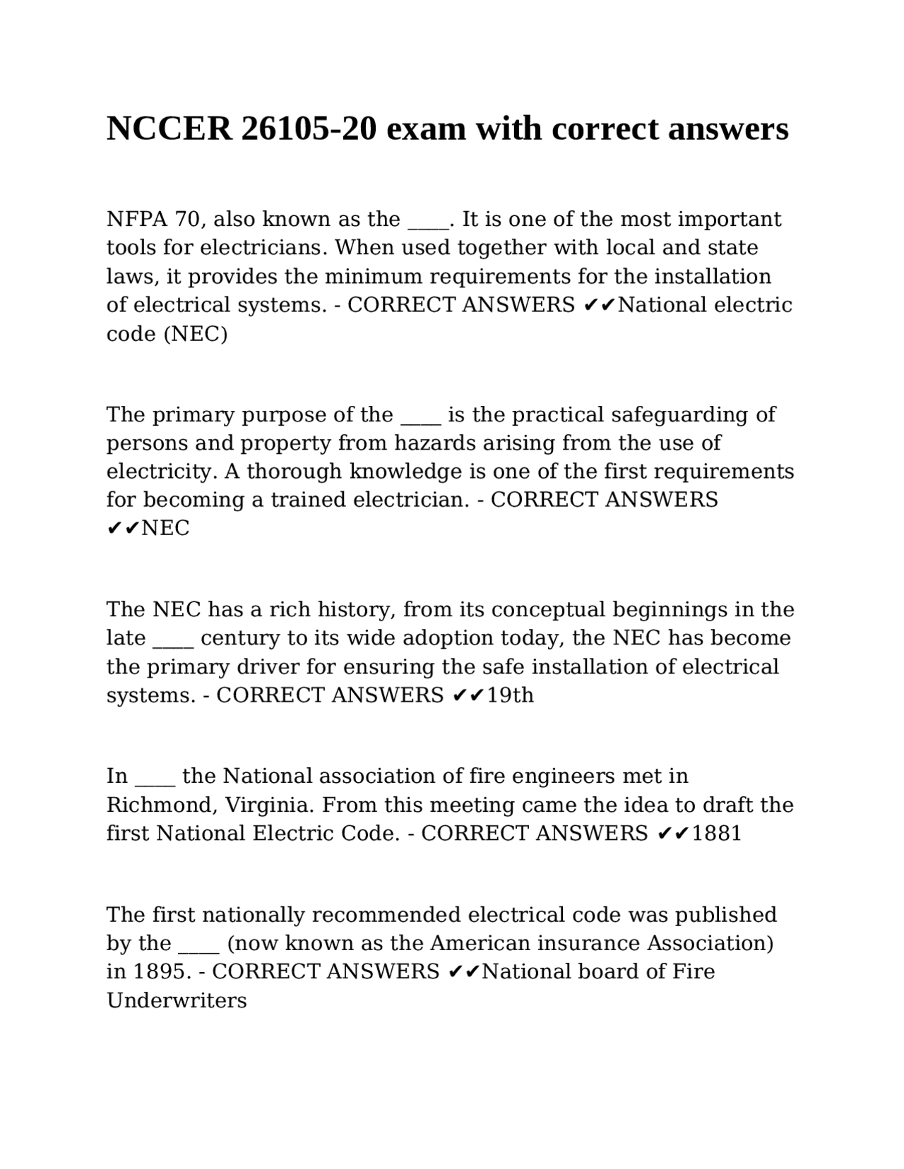 NCCER 26105-20 Exam: National Electrical Code (NEC) and Electrical ...