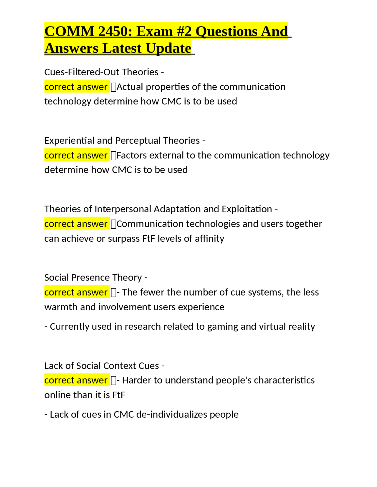 COMM 2450: Exam #2 Questions and Answers - Theories of Communication Technology | Exams ...