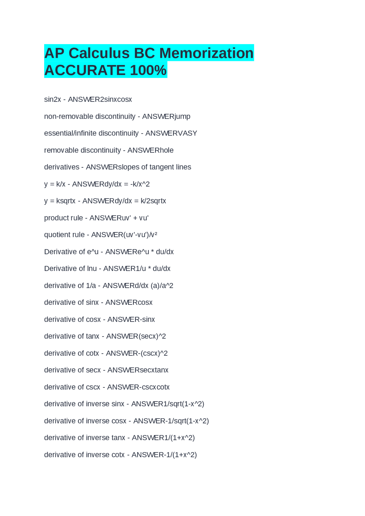 AP Calculus BC Memorization: Essential Formulas and Concepts | Exams Advanced Calculus | Docsity