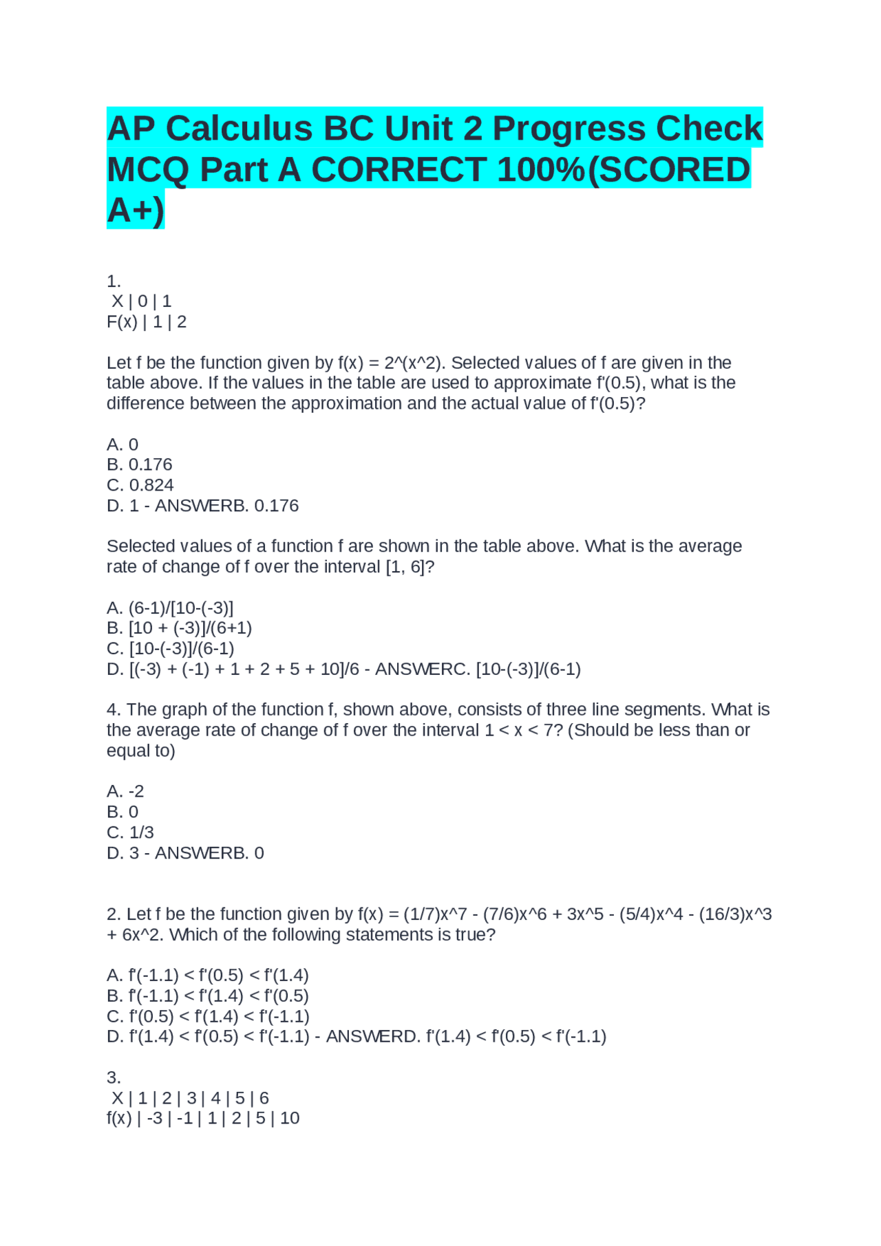 Ap Calculus Bc Unit 2 Progress Check Multiple Choice Questions Exams
