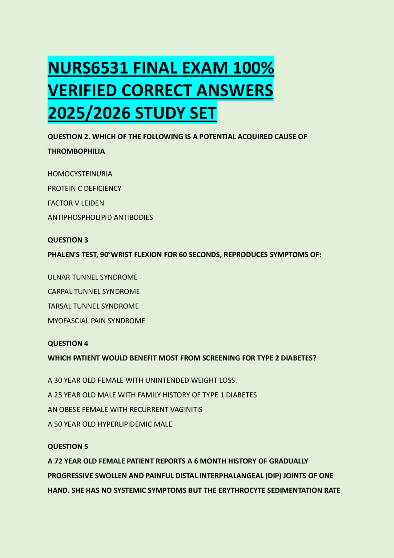 NURS6531 FINAL EXAM 100% VERIFIED CORRECT ANSWERS 2025/2026 STUDY SET | Exams Health sciences ...