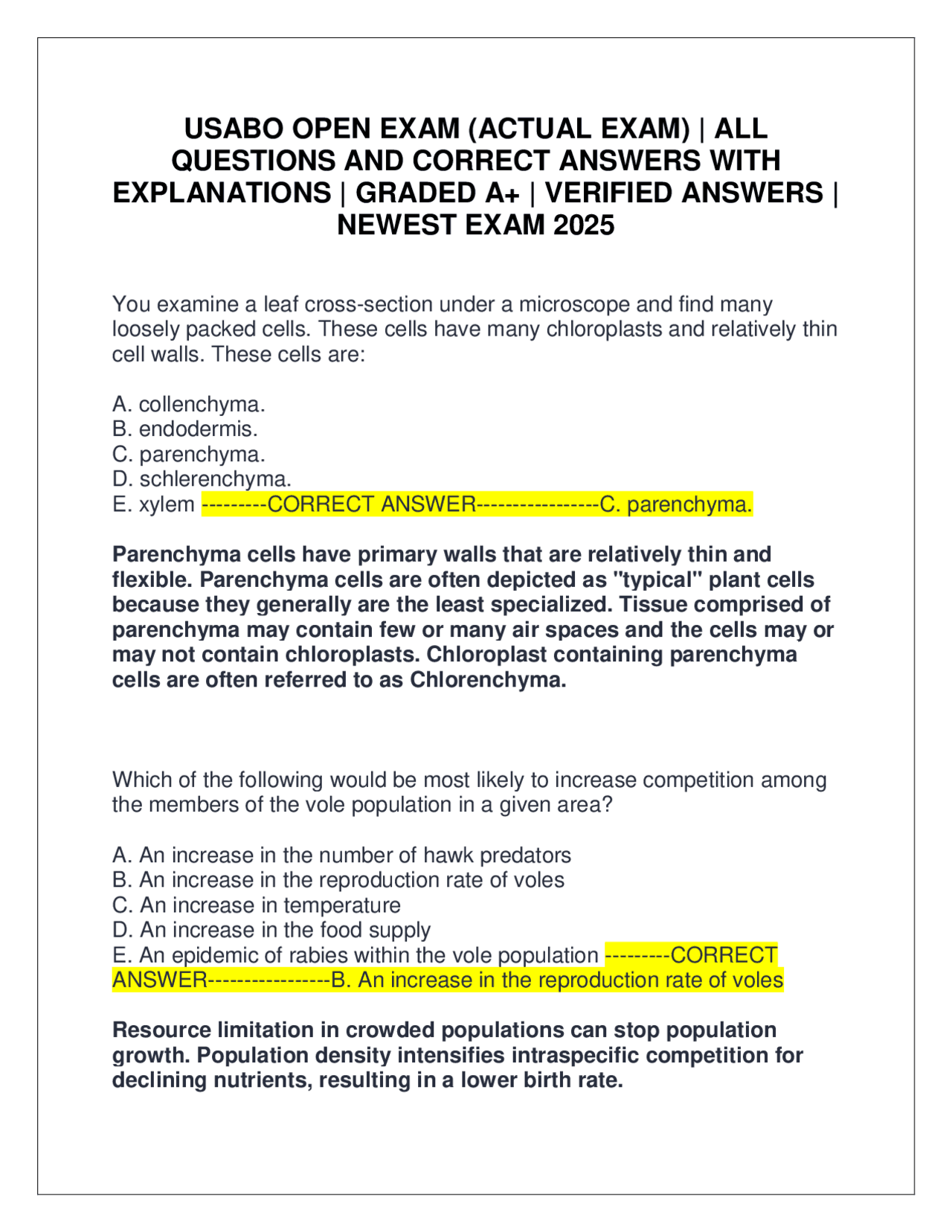USABO OPEN EXAM (ACTUAL EXAM) | ALL QUESTIONS AND CORRECT ANSWERS WITH ...