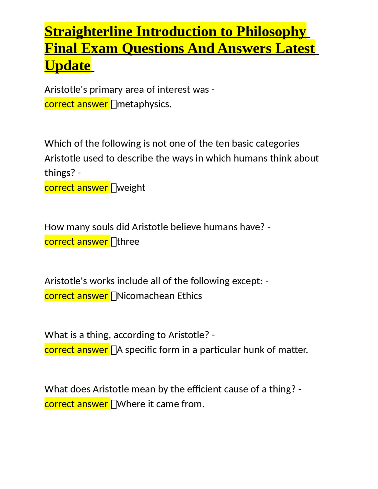 Straighterline Introduction to Philosophy Final Exam Questions and ...