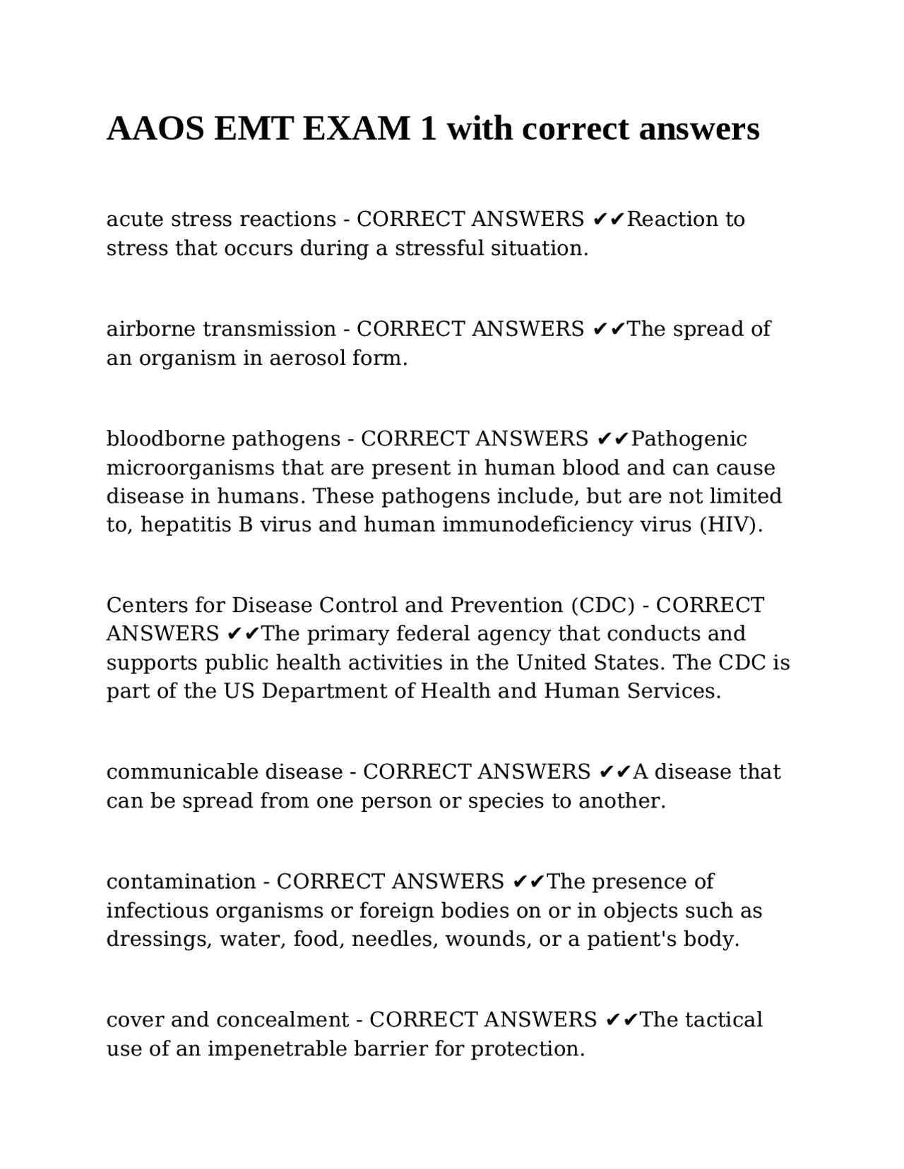 AAOS EMT EXAM 1 with correct answers | Exams Nursing | Docsity