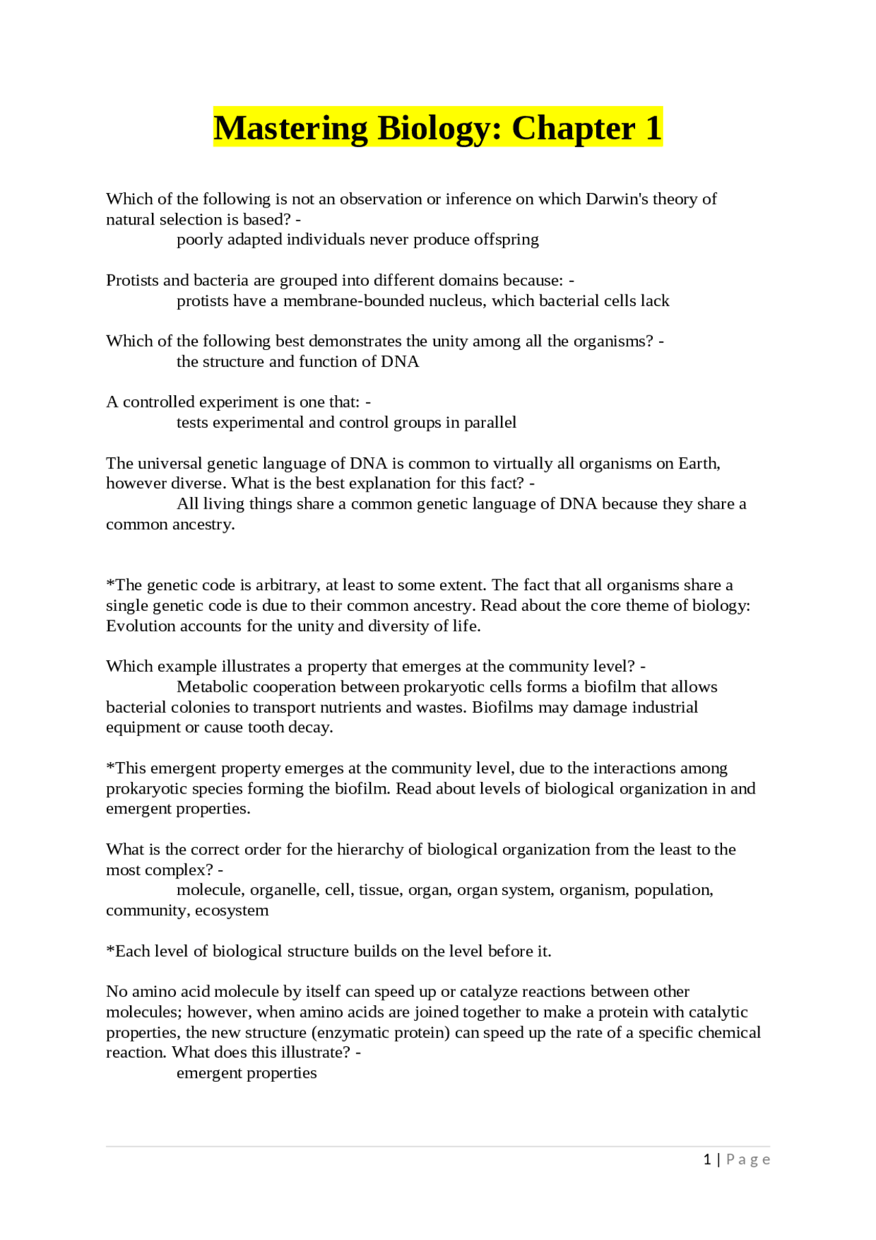 Mastering Biology: Chapter 1 - Exercises and Questions | Exams Biology ...