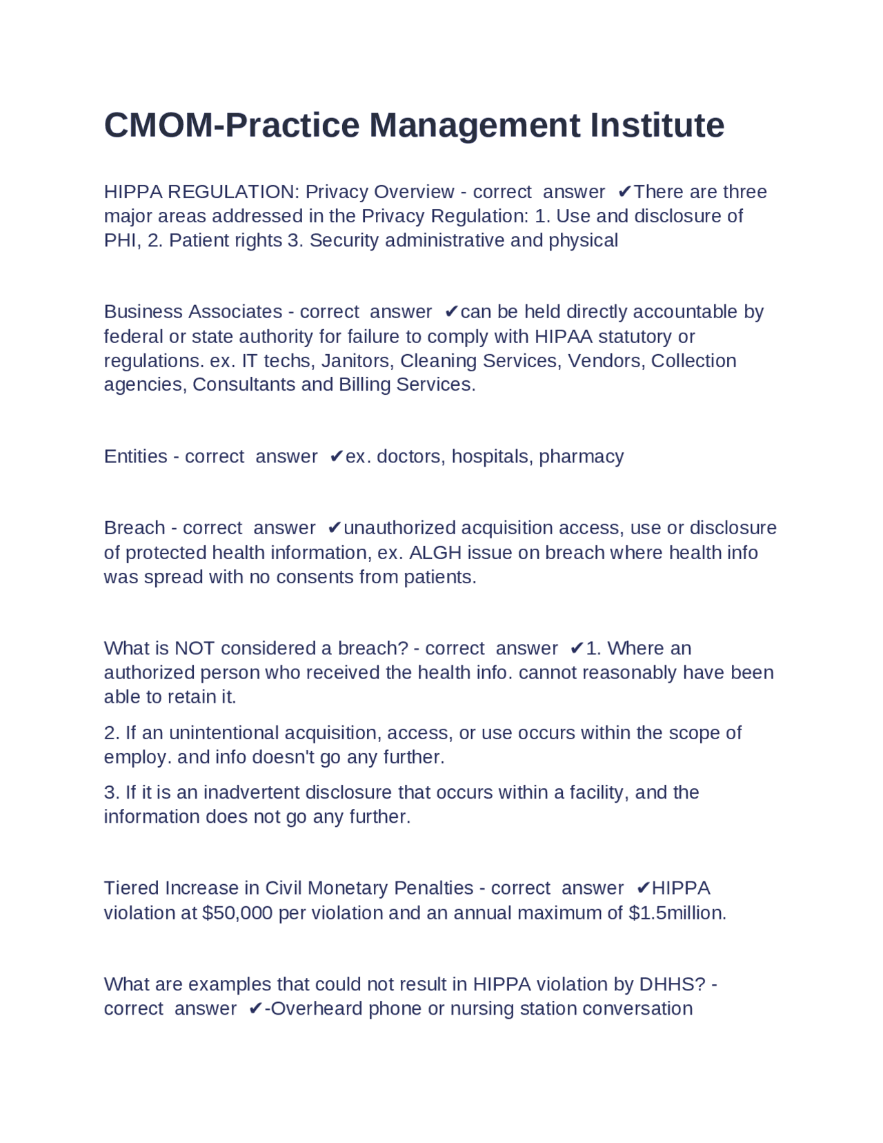 CMOM Question and answers already passed | Exams Nursing | Docsity