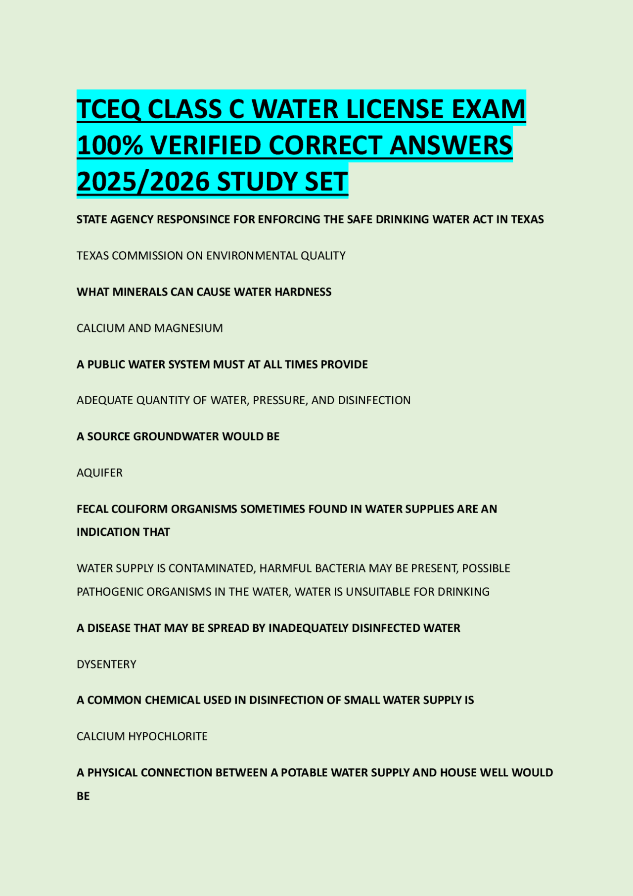 TCEQ CLASS C WATER LICENSE EXAM 100% VERIFIED CORRECT ANSWERS 2025/2026 ...
