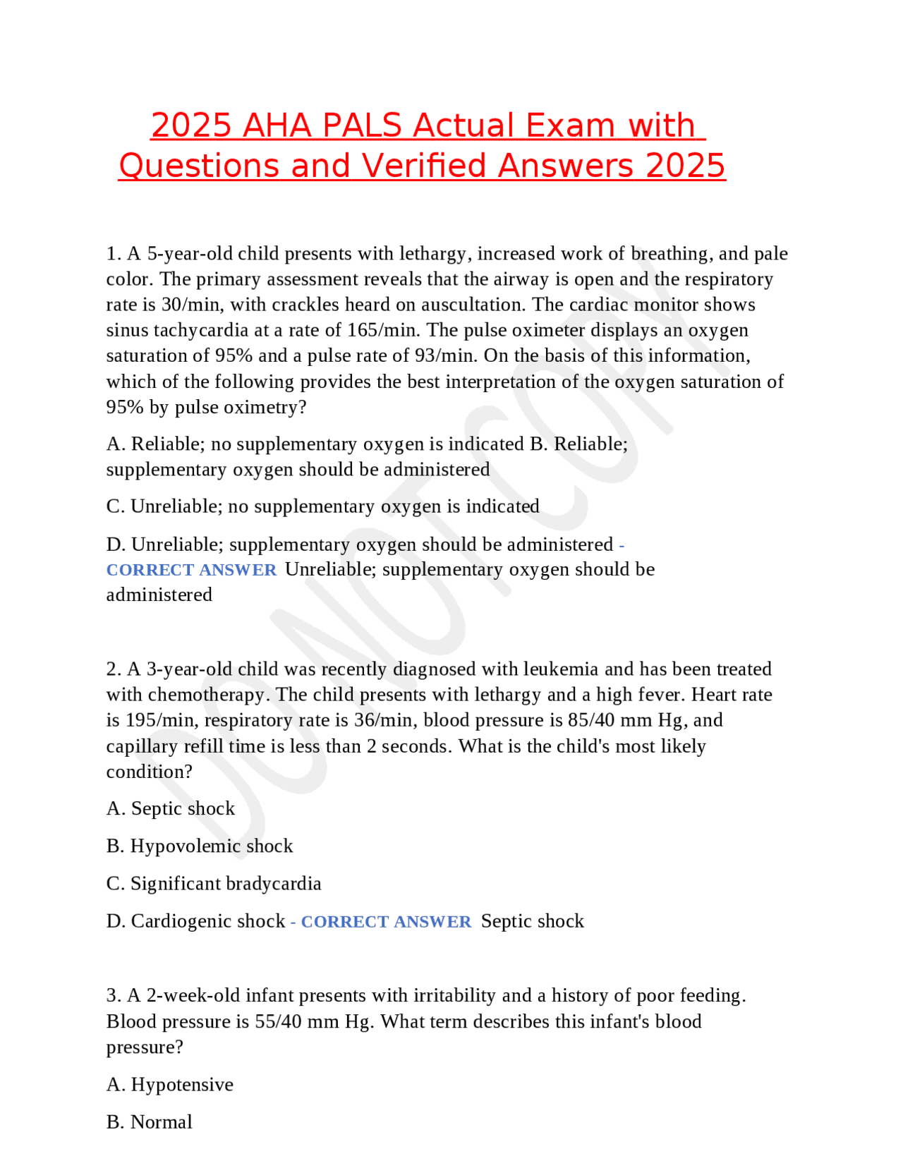 PALS Actual Exam with Questions and Verified Answers 2025 | Exams ...