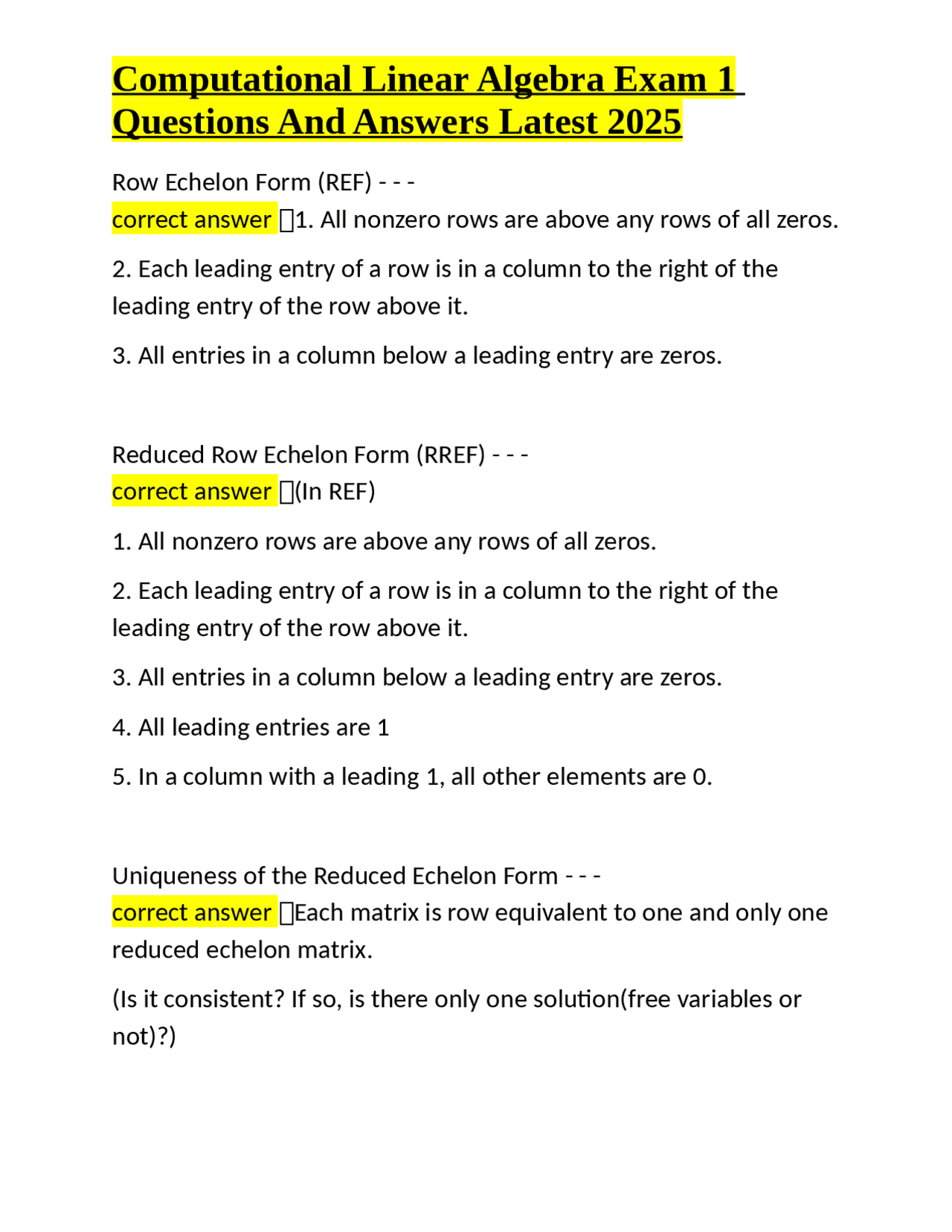 Computational Linear Algebra Exam 1: Questions and Answers | Exams Linear Algebra | Docsity