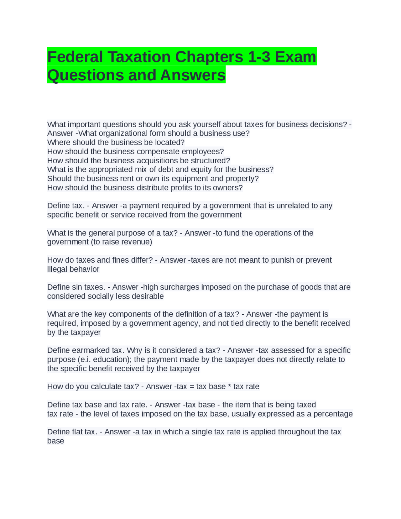 Federal Taxation Chapters 1-3 Exam: Questions and Answers | Exams ...