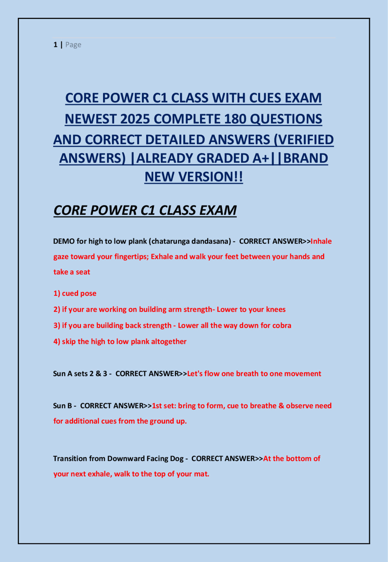 Core Power C1 Class With Cues Exam 180 Questions And Answers Exams Medicine Docsity