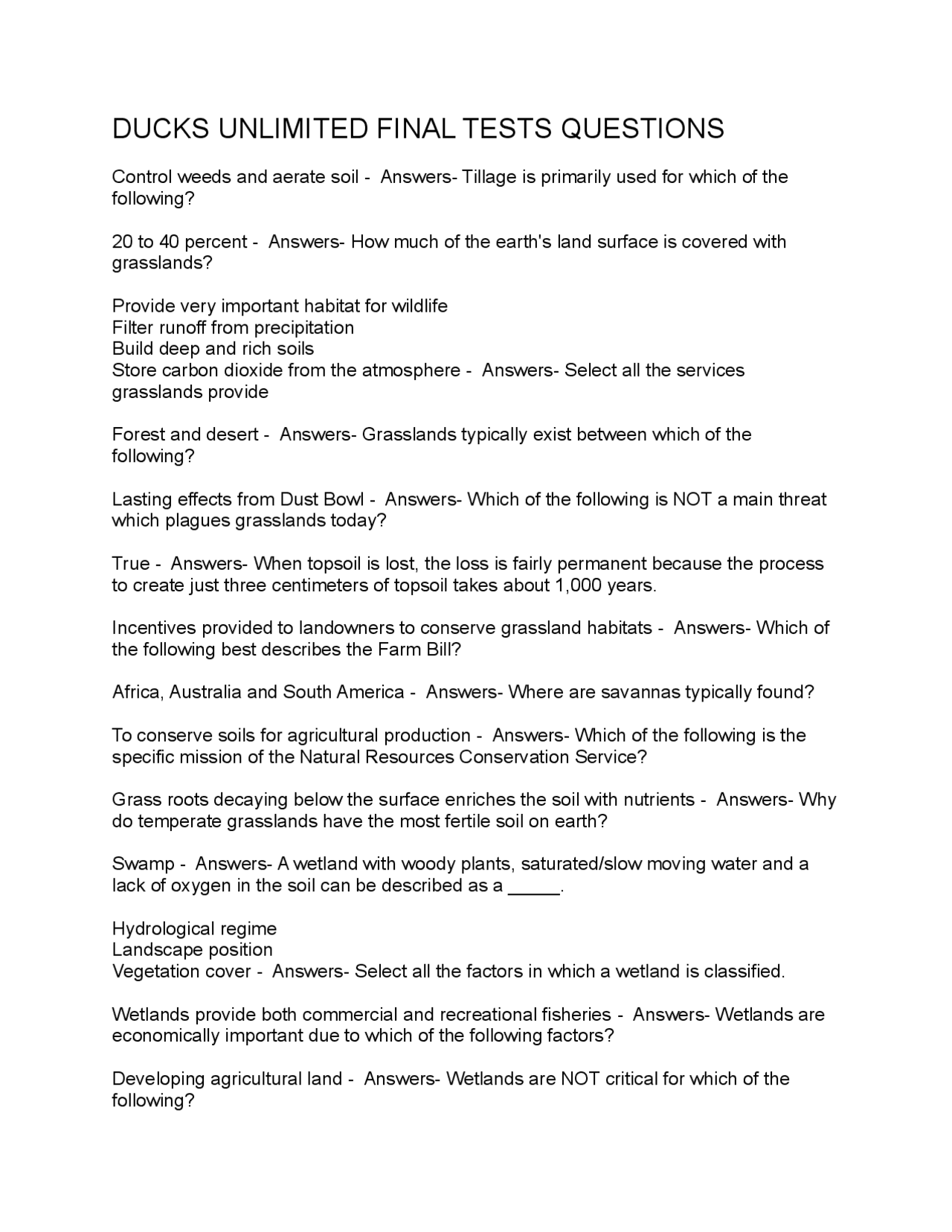 Ducks Unlimited Final Tests Questions: Wildlife Management and ...