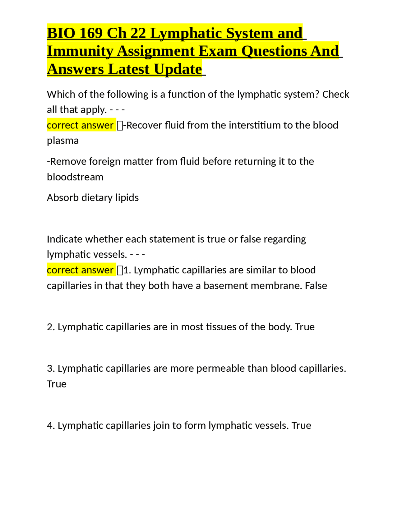 BIO 169 Ch 22 Lymphatic System and Immunity Assignment Exam Questions ...