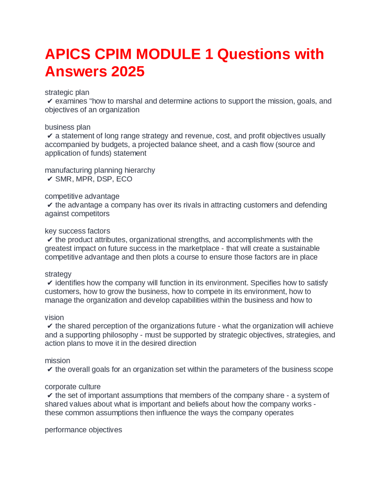 APICS CPIM Module 1: Strategic Planning and Business Operations | Exams ...